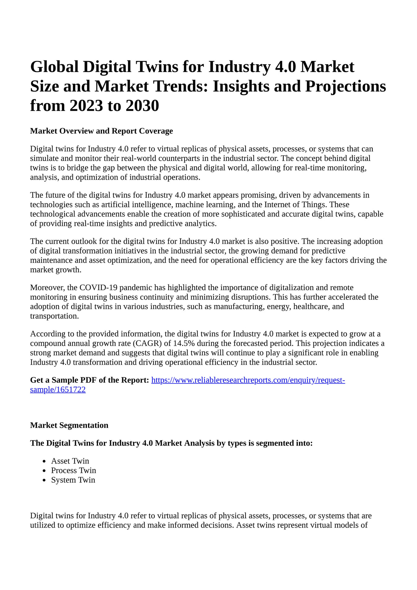 Reportprime - Global Digital Twins for Industry 4.0 Market Size and ...