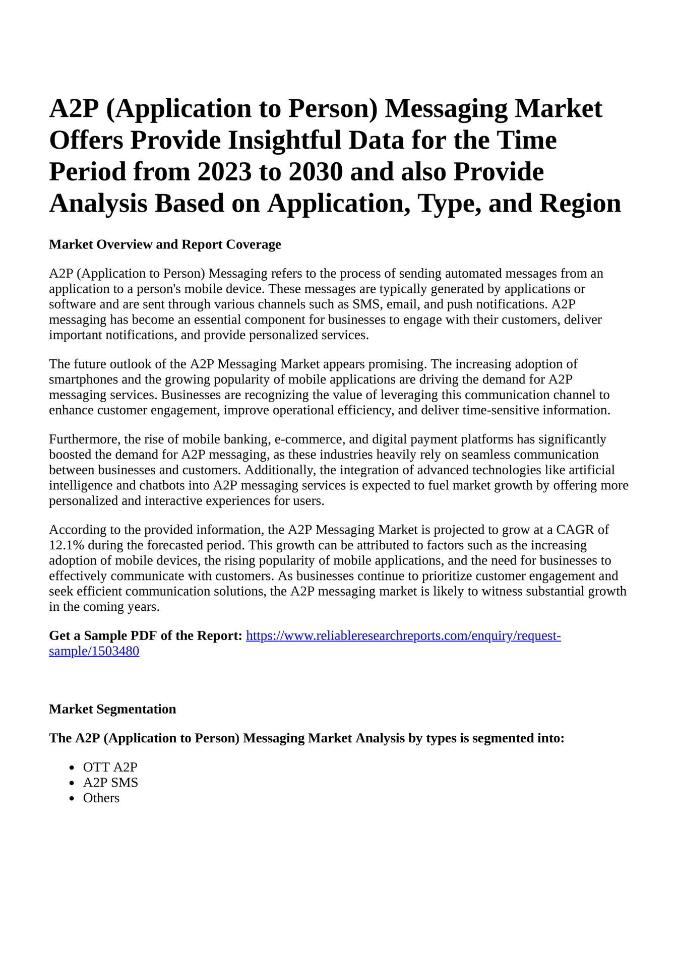 Reportprime - A2P (Application to Person) Messaging Market Offers ... Reportprime - A2P (Application to Person) Messaging Market Offers ...