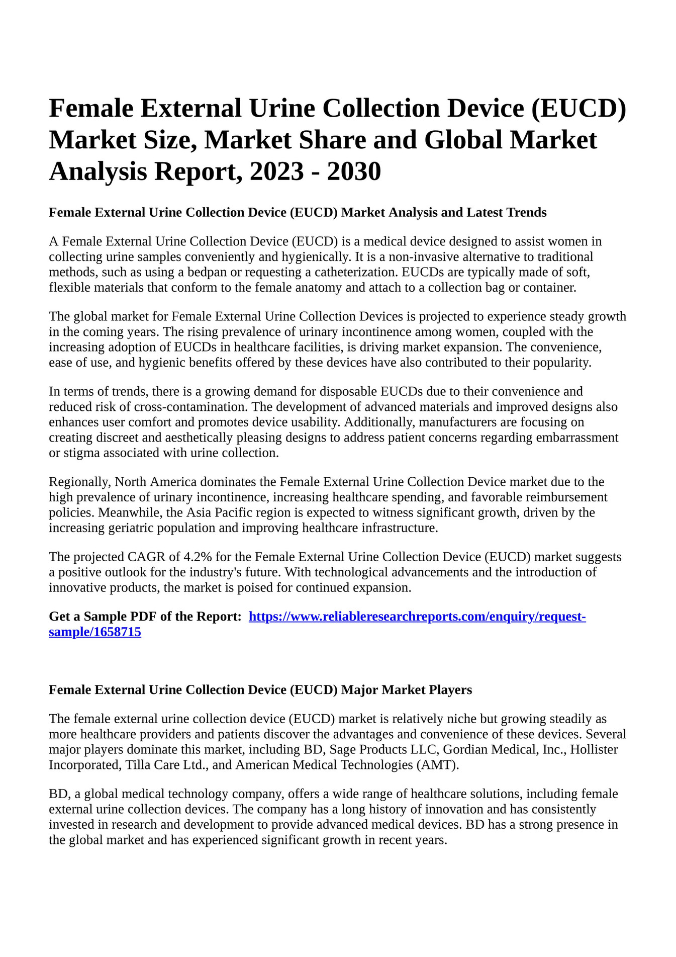 Reportprime Female External Urine Collection Device Eucd Market Size Market Share And