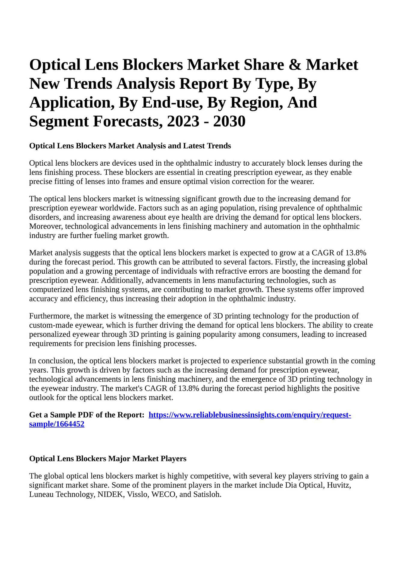 Reportprime - Optical Lens Blockers Market Share & Market New Trends Analysis Report By Type, By ...