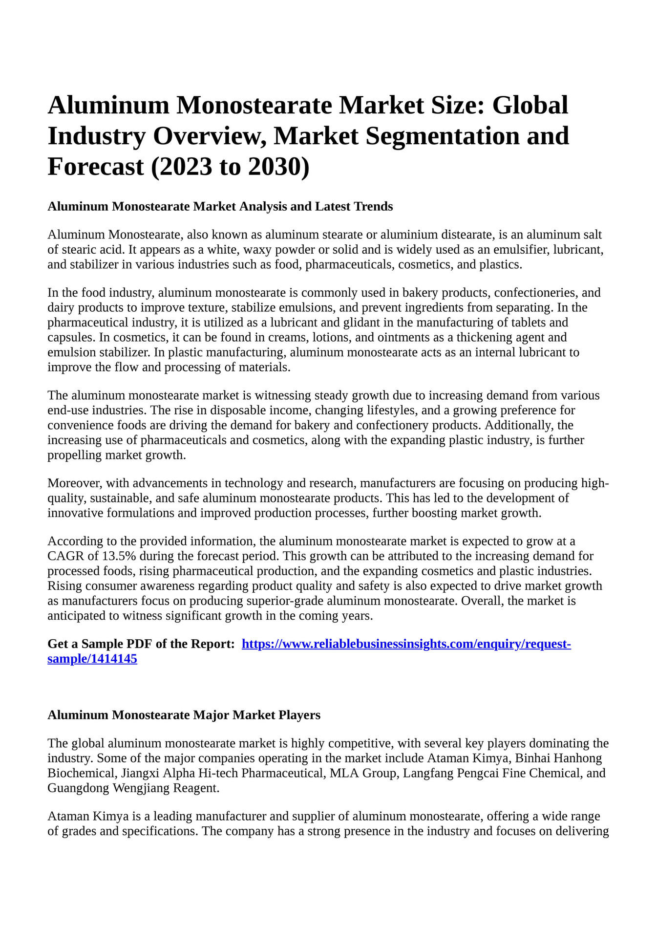 Reportprime Aluminum Monostearate Market Size Global Industry reportprime-aluminum-monostearate-market-size-global-industry