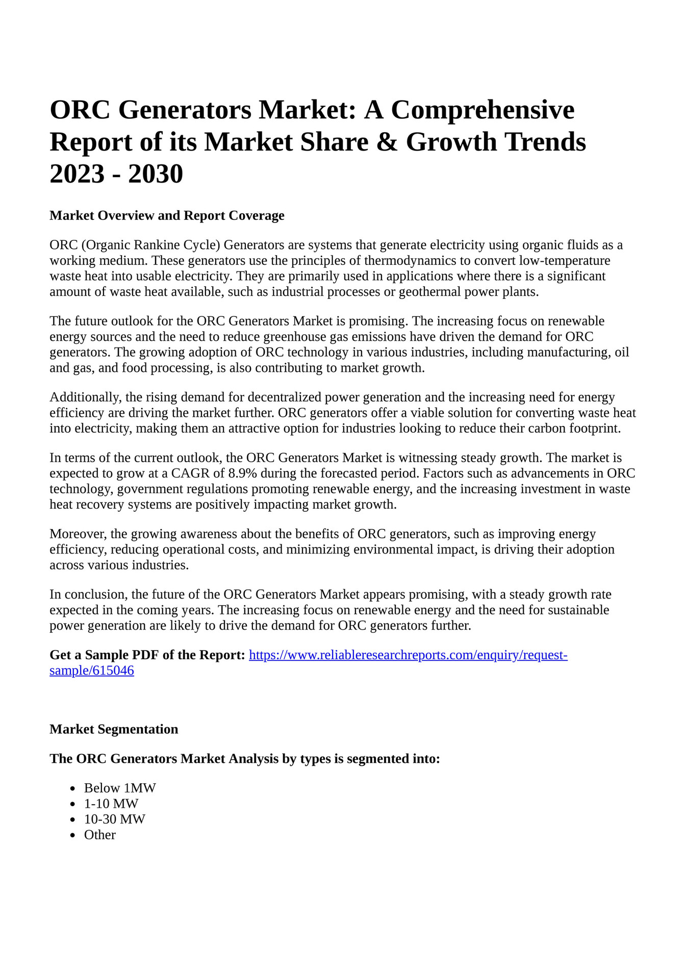 Reportprime - ORC Generators Market: A Comprehensive Report of its ... Reportprime - ORC Generators Market: A Comprehensive Report of its ...