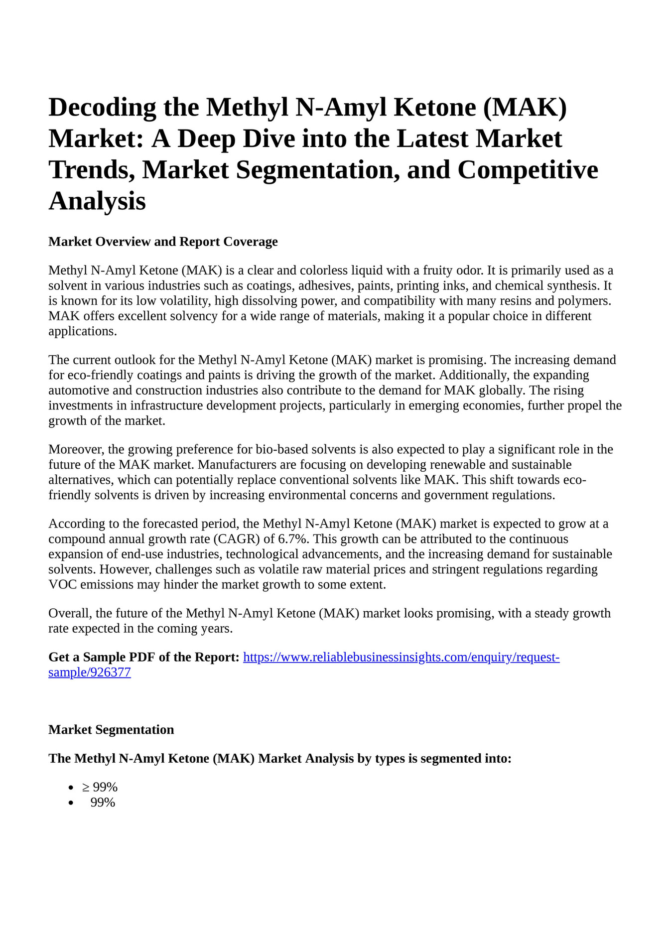 Reportprime - Decoding the Methyl N-Amyl Ketone (MAK) Market: A Deep ...