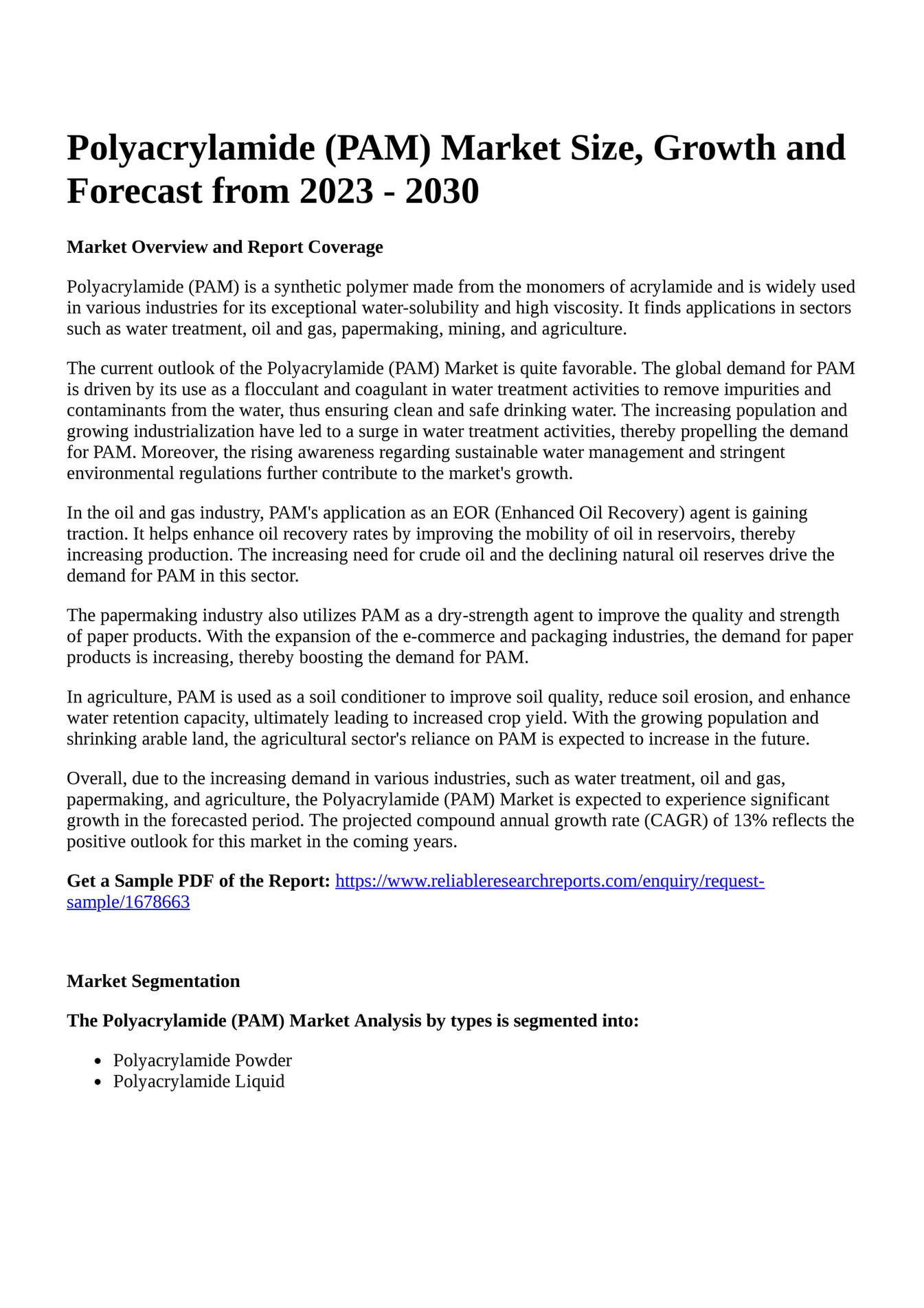 Reportprime - Polyacrylamide (PAM) Market Size, Growth and Forecast from 2023 - 2030 - Page 1