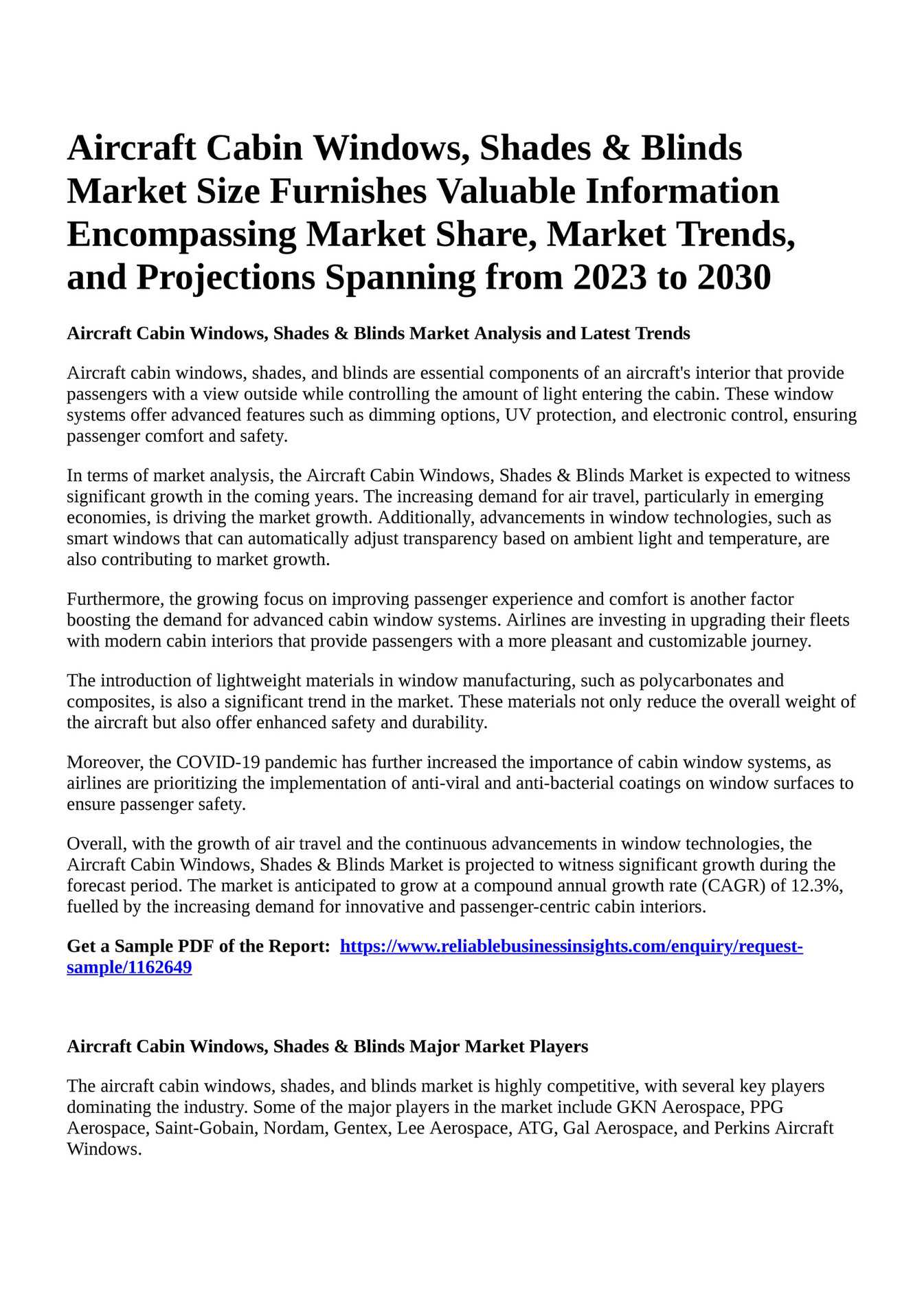 Reportprime - Aircraft Cabin Windows, Shades & Blinds Market Size ... Reportprime - Aircraft Cabin Windows, Shades & Blinds Market Size ...