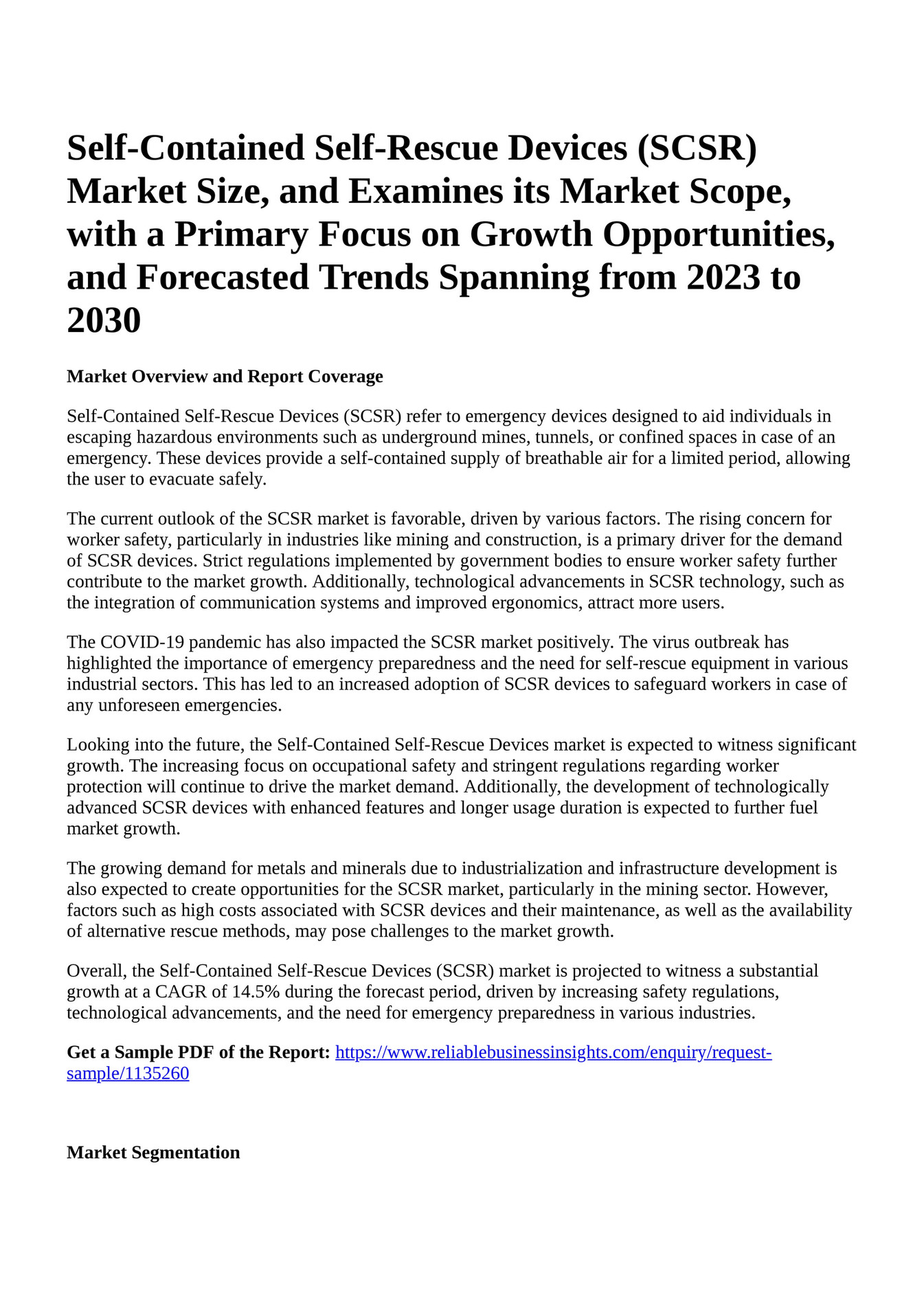 Reportprime - Self-Contained Self-Rescue Devices (SCSR) Market Size ...