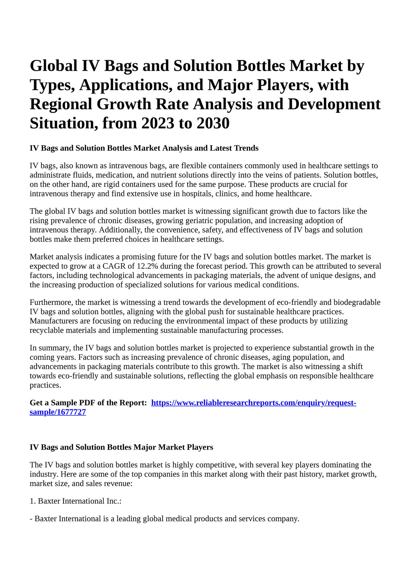 Reportprime - Global IV Bags and Solution Bottles Market by Types ... Reportprime - Global IV Bags and Solution Bottles Market by Types ...