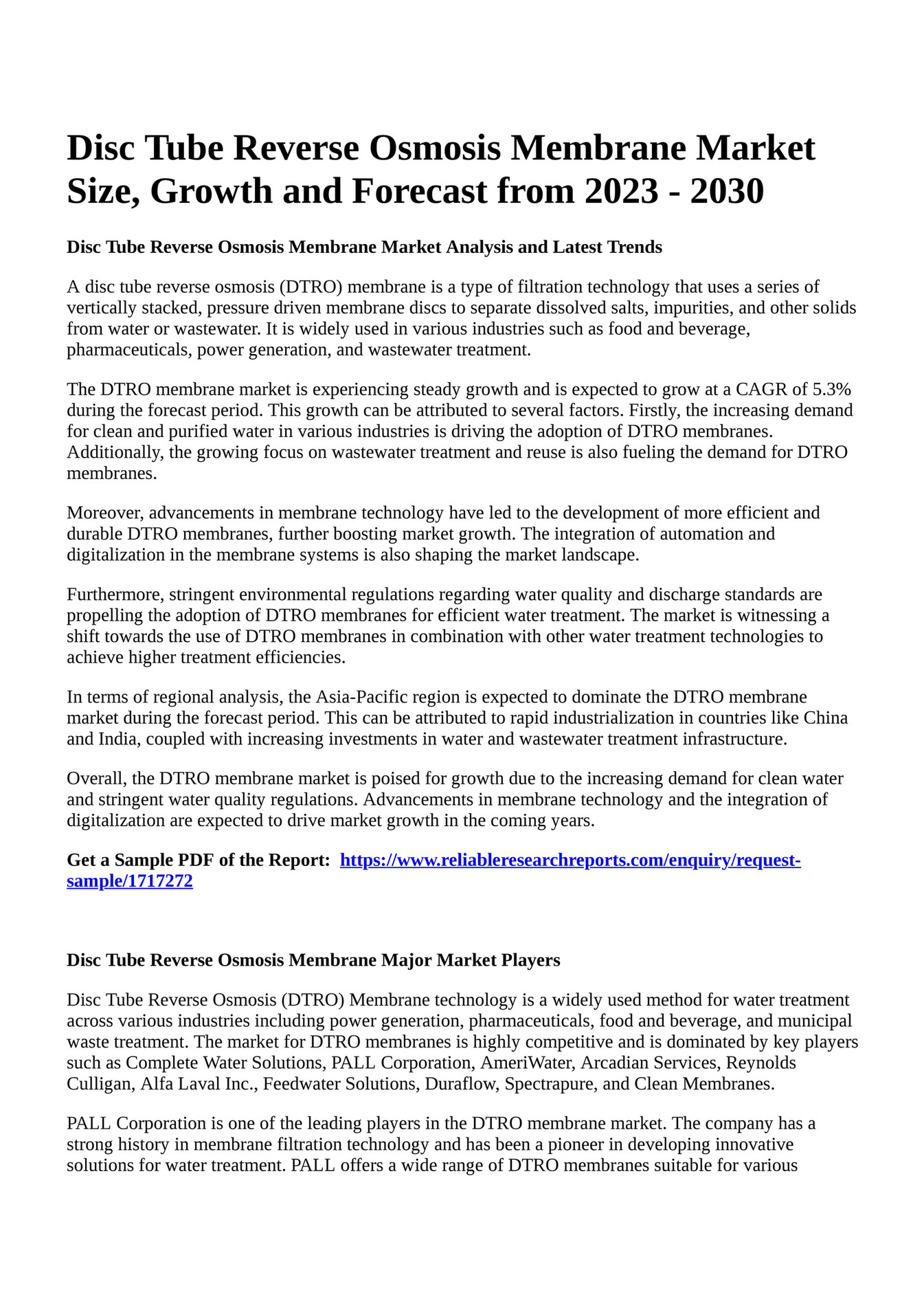 Reportprime - Disc Tube Reverse Osmosis Membrane Market Size, Growth ...