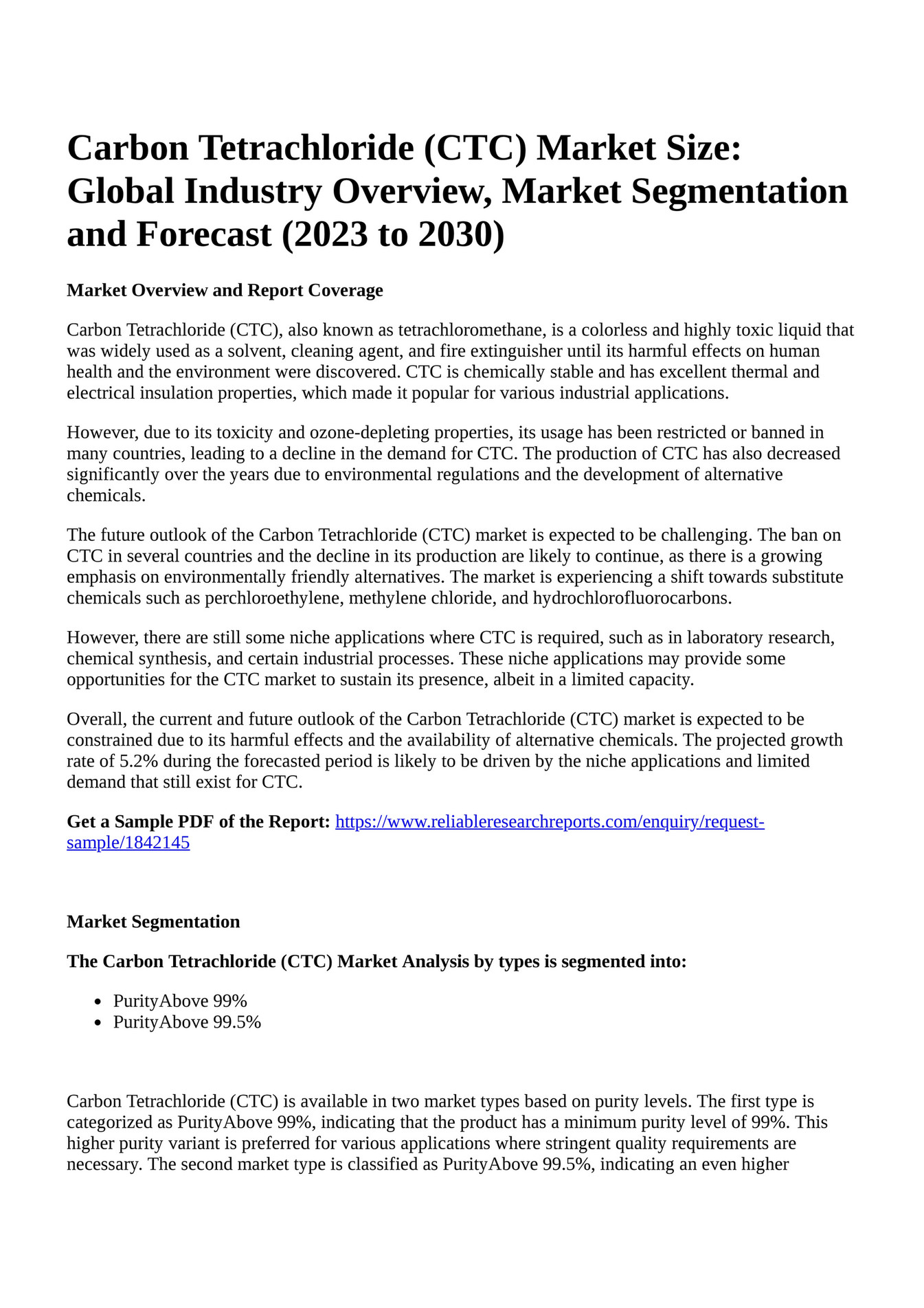 Reportprime Carbon Tetrachloride CTC Market Size Global Industry reportprime-carbon-tetrachloride-ctc-market-size-global-industry