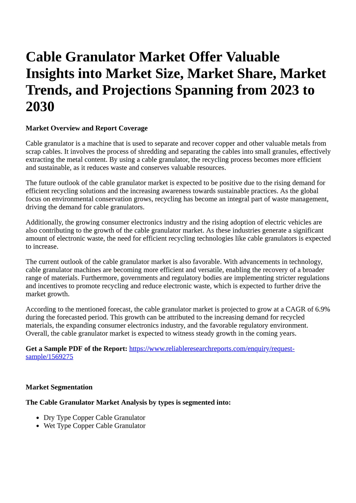 Reportprime - Cable Granulator Market Offer Valuable Insights into ... Reportprime - Cable Granulator Market Offer Valuable Insights into ...