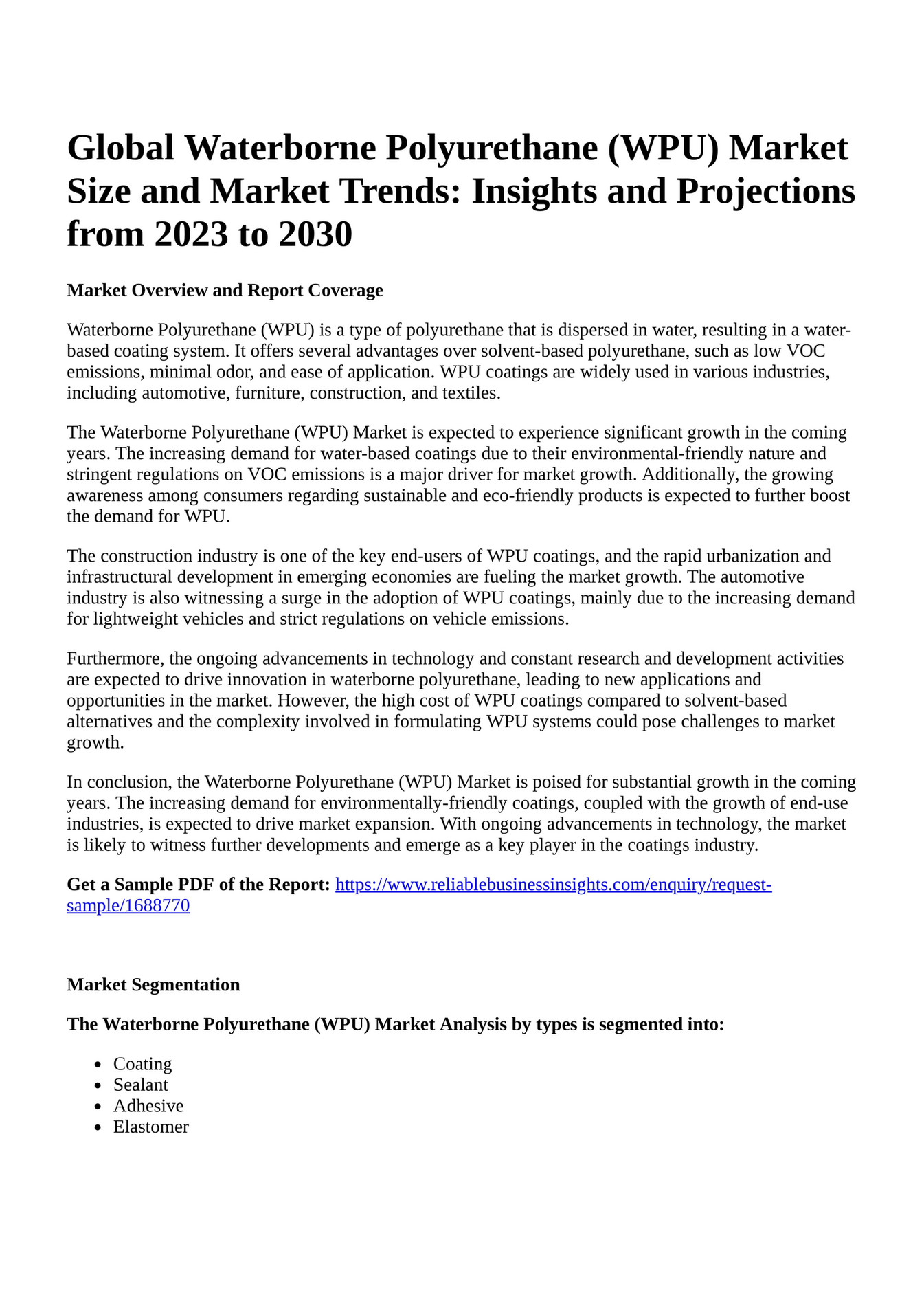 Reportprime - Global Waterborne Polyurethane (WPU) Market Size and ... Reportprime - Global Waterborne Polyurethane (WPU) Market Size and ...