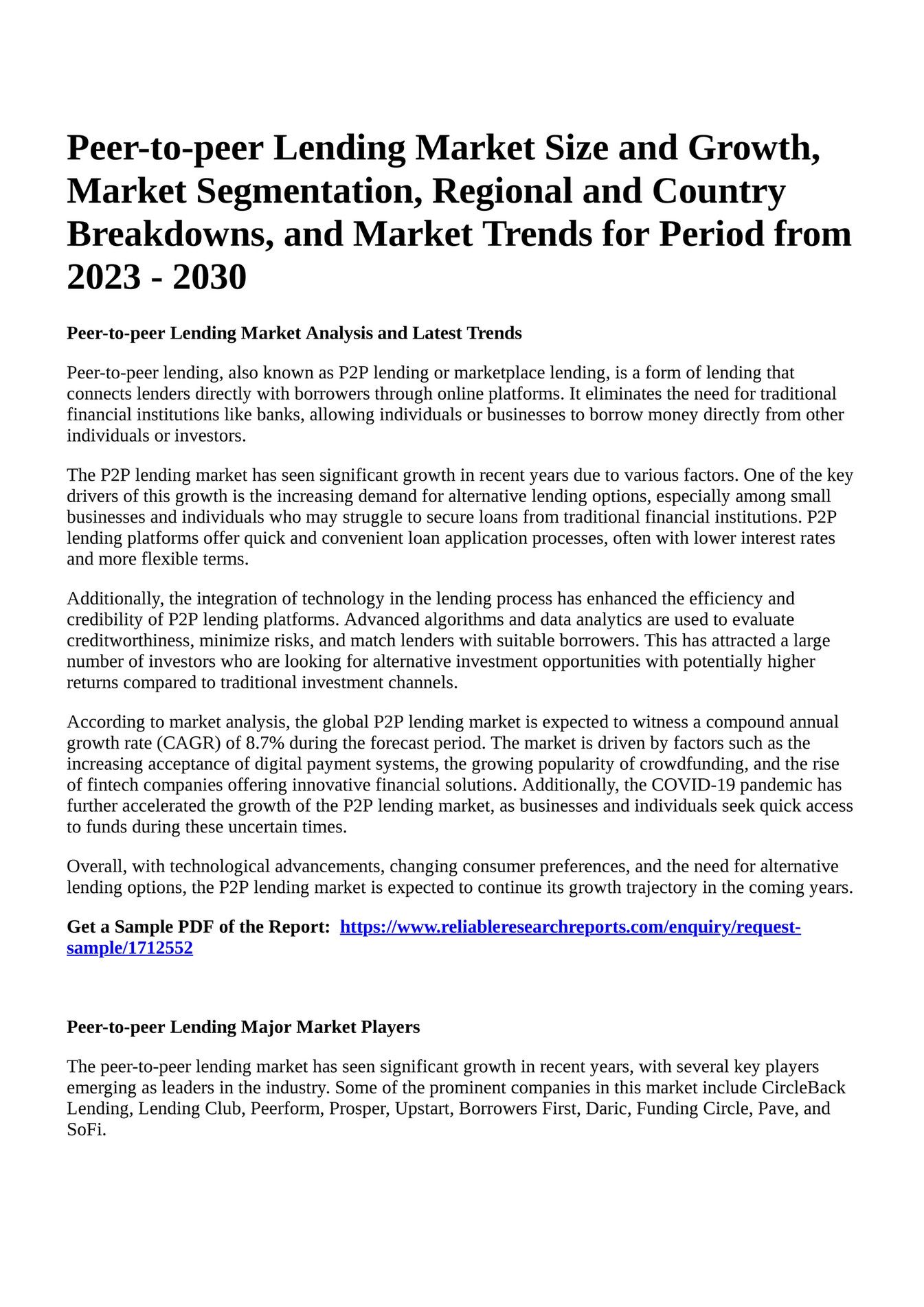 Reportprime - Peer-to-peer Lending Market Size and Growth, Market ... Reportprime - Peer-to-peer Lending Market Size and Growth, Market ...