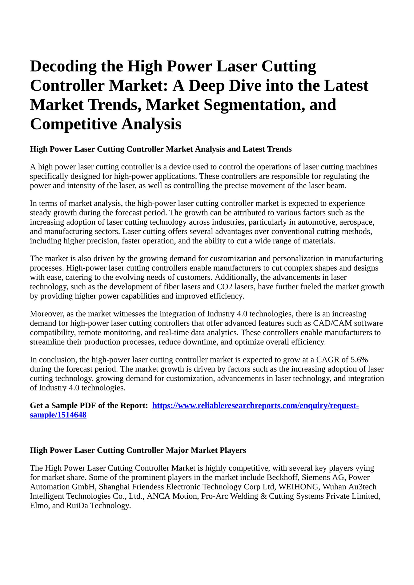 Reportprime - Decoding the High Power Laser Cutting Controller Market ... Reportprime - Decoding the High Power Laser Cutting Controller Market ...
