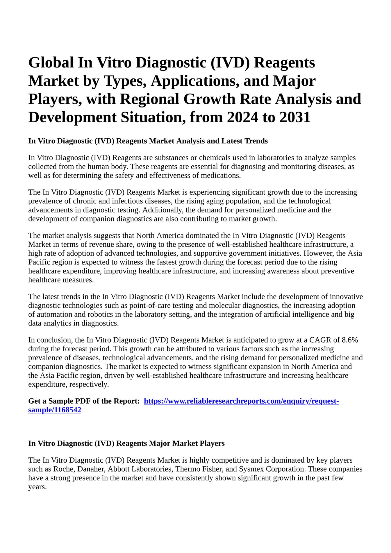 Reportprime - Global In Vitro Diagnostic (IVD) Reagents Market by Types, Applications, and Major ...