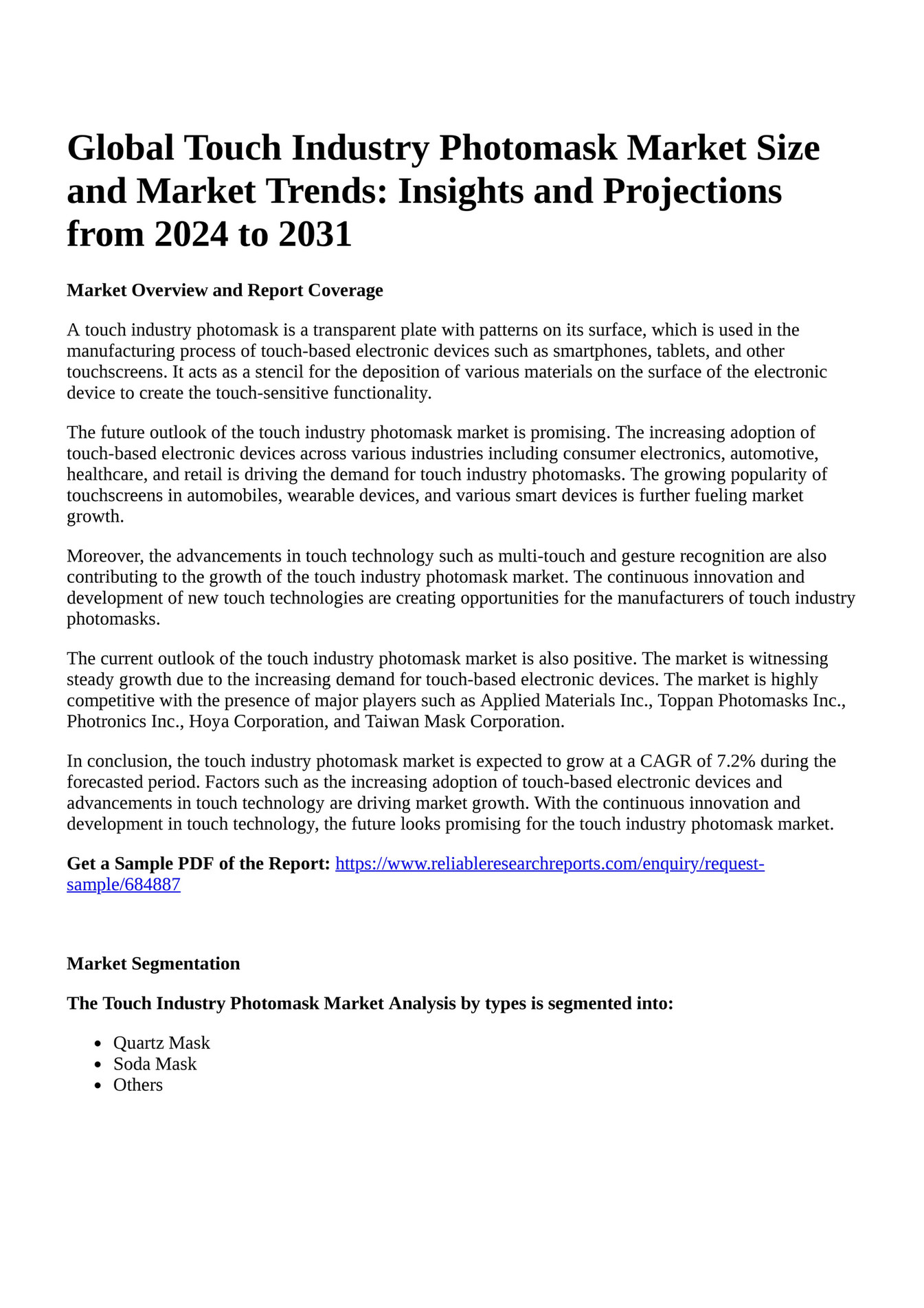Reportprime - Global Touch Industry Photomask Market Size and Market ...