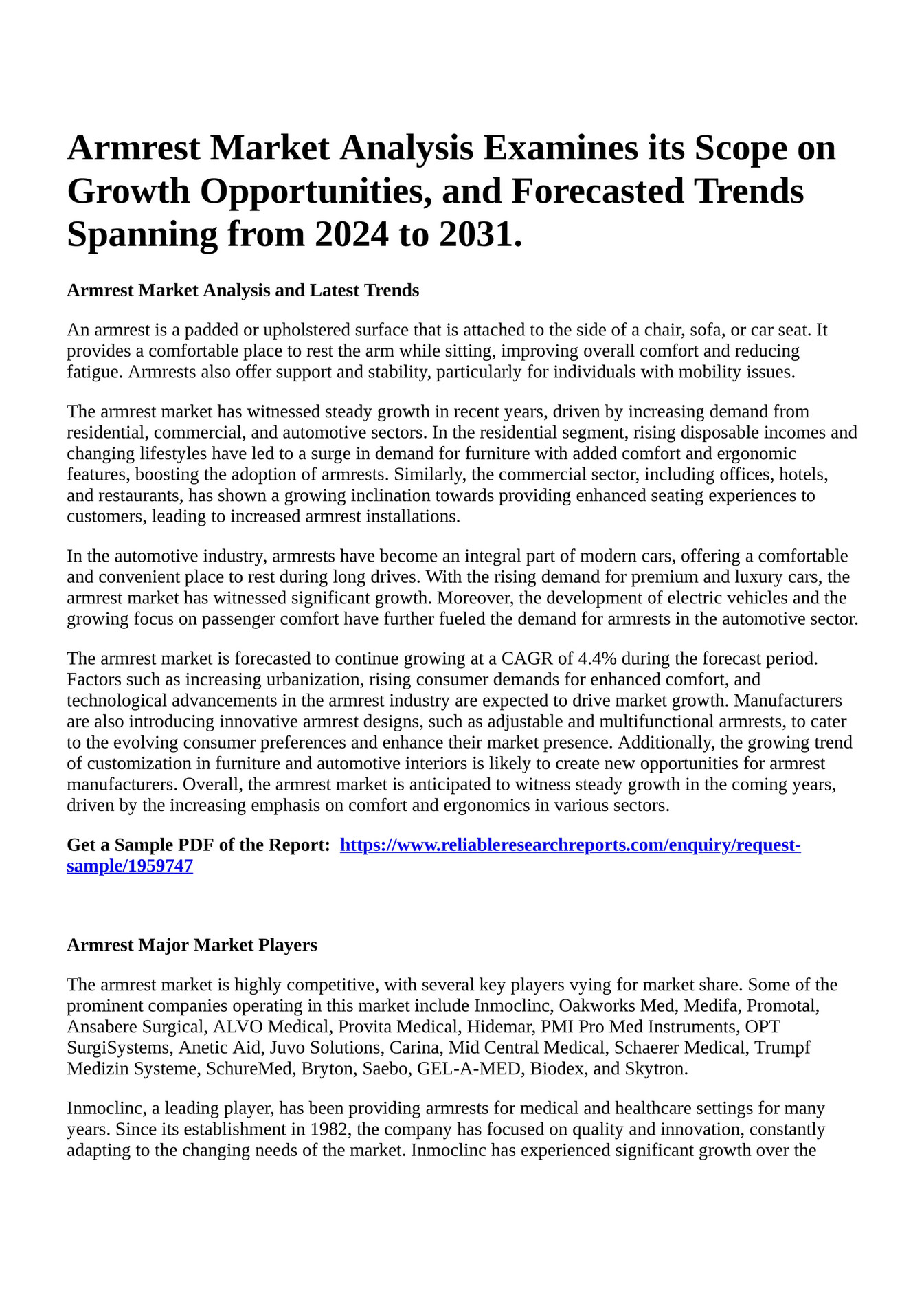 Reportprime - Armrest Market Analysis Examines its Scope on Growth Opportunities, and Forecasted ...