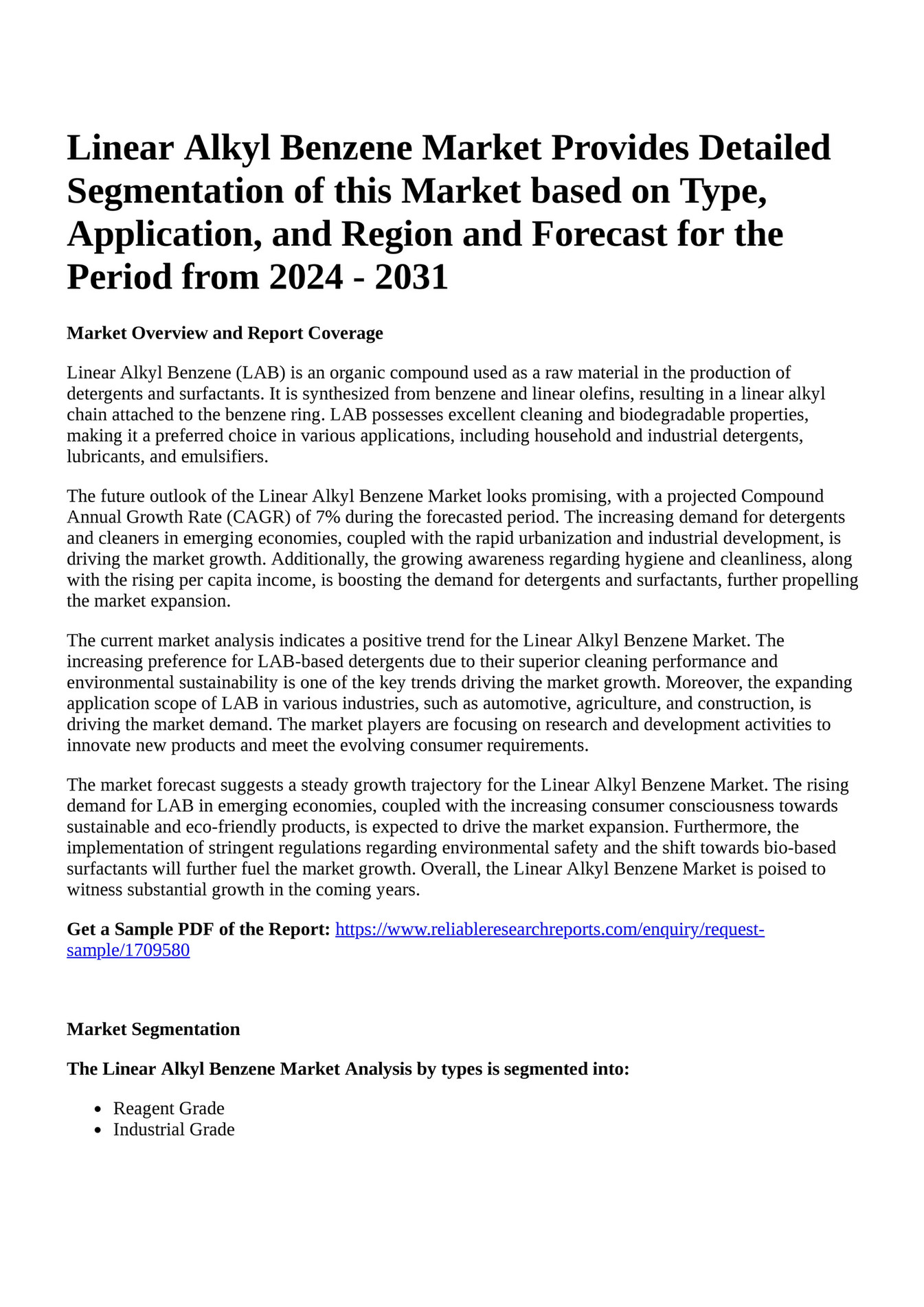 Reportprime - Linear Alkyl Benzene Market Provides Detailed ... Reportprime - Linear Alkyl Benzene Market Provides Detailed ...