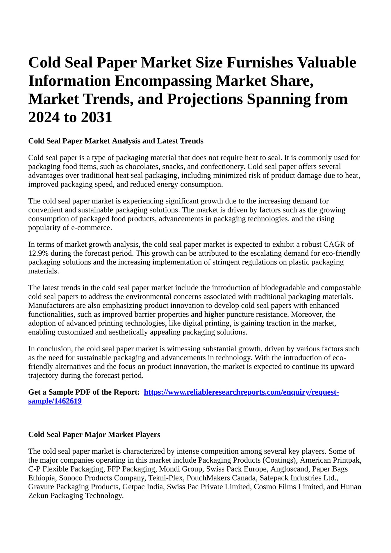 Reportprime Cold Seal Paper Market Size Furnishes Valuable reportprime-cold-seal-paper-market-size-furnishes-valuable