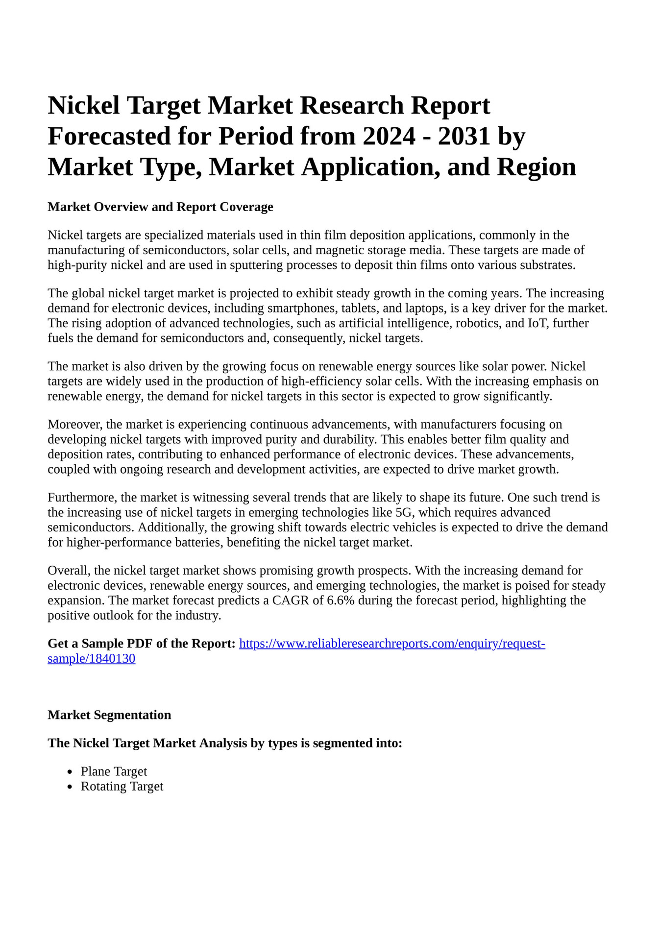 Reportprime - Nickel Target Market Research Report Forecasted for ...