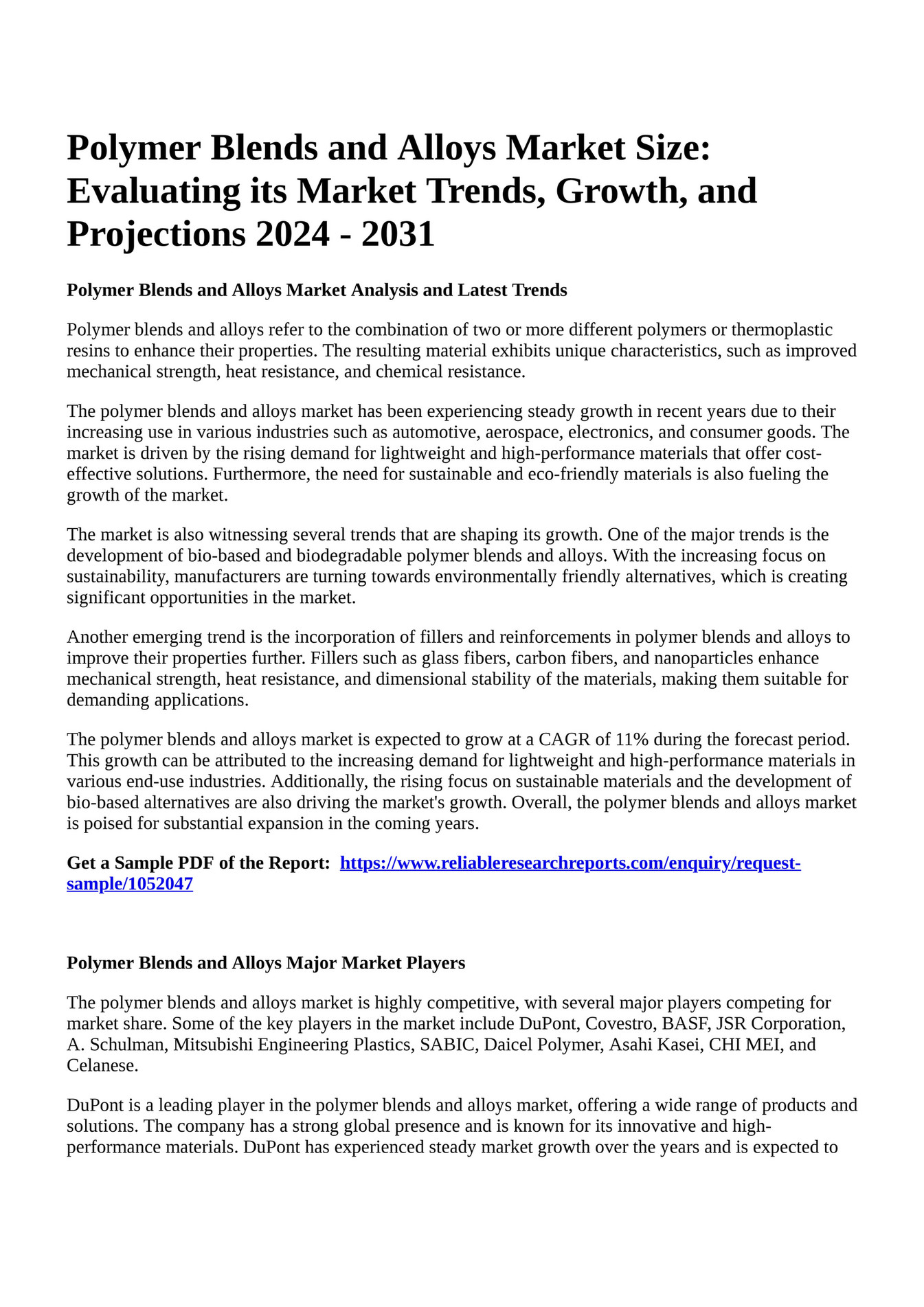 Reportprime Polymer Blends And Alloys Market Size Evaluating Its