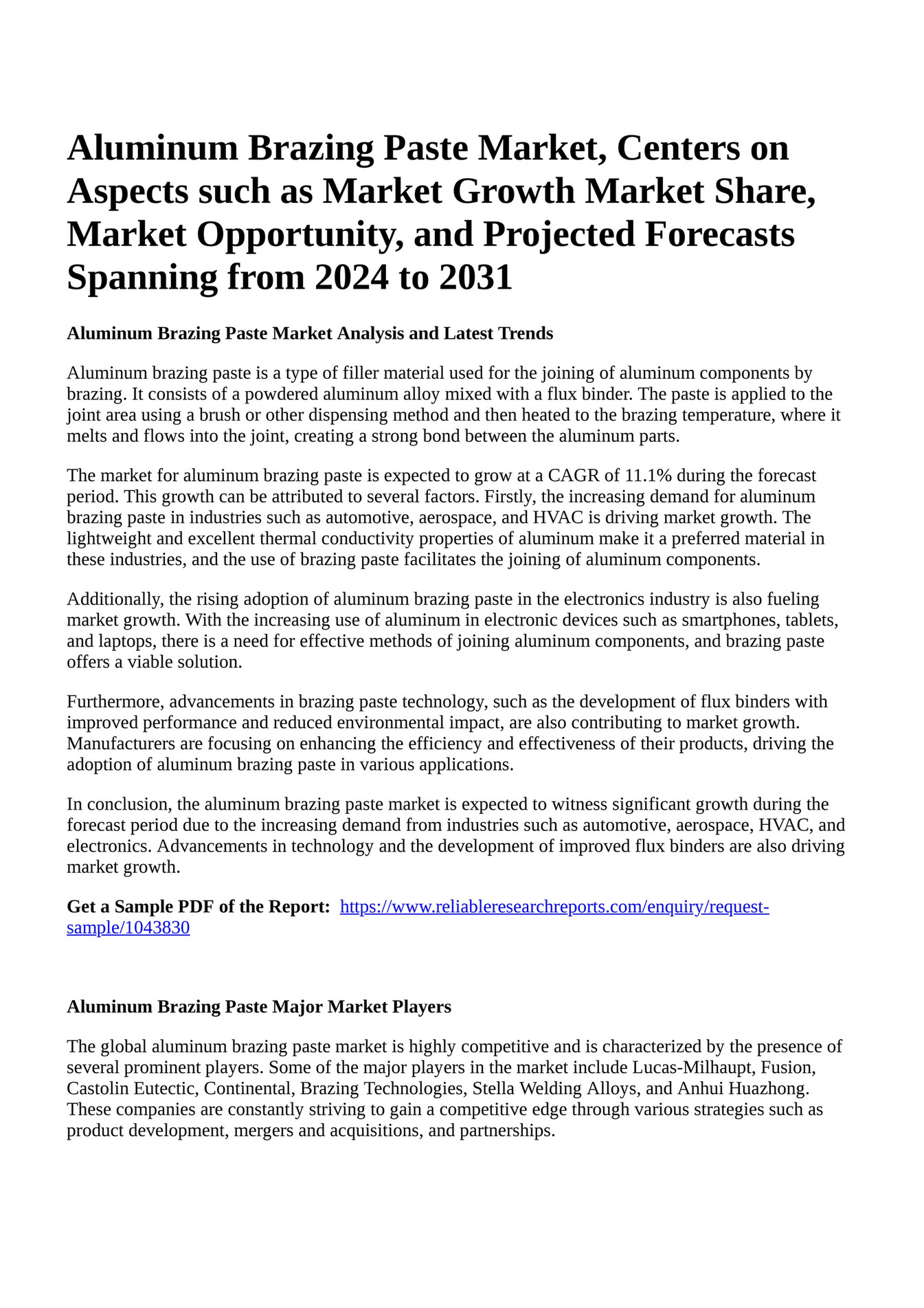 Reportprime Aluminum Brazing Paste Market Centers On Aspects Such As