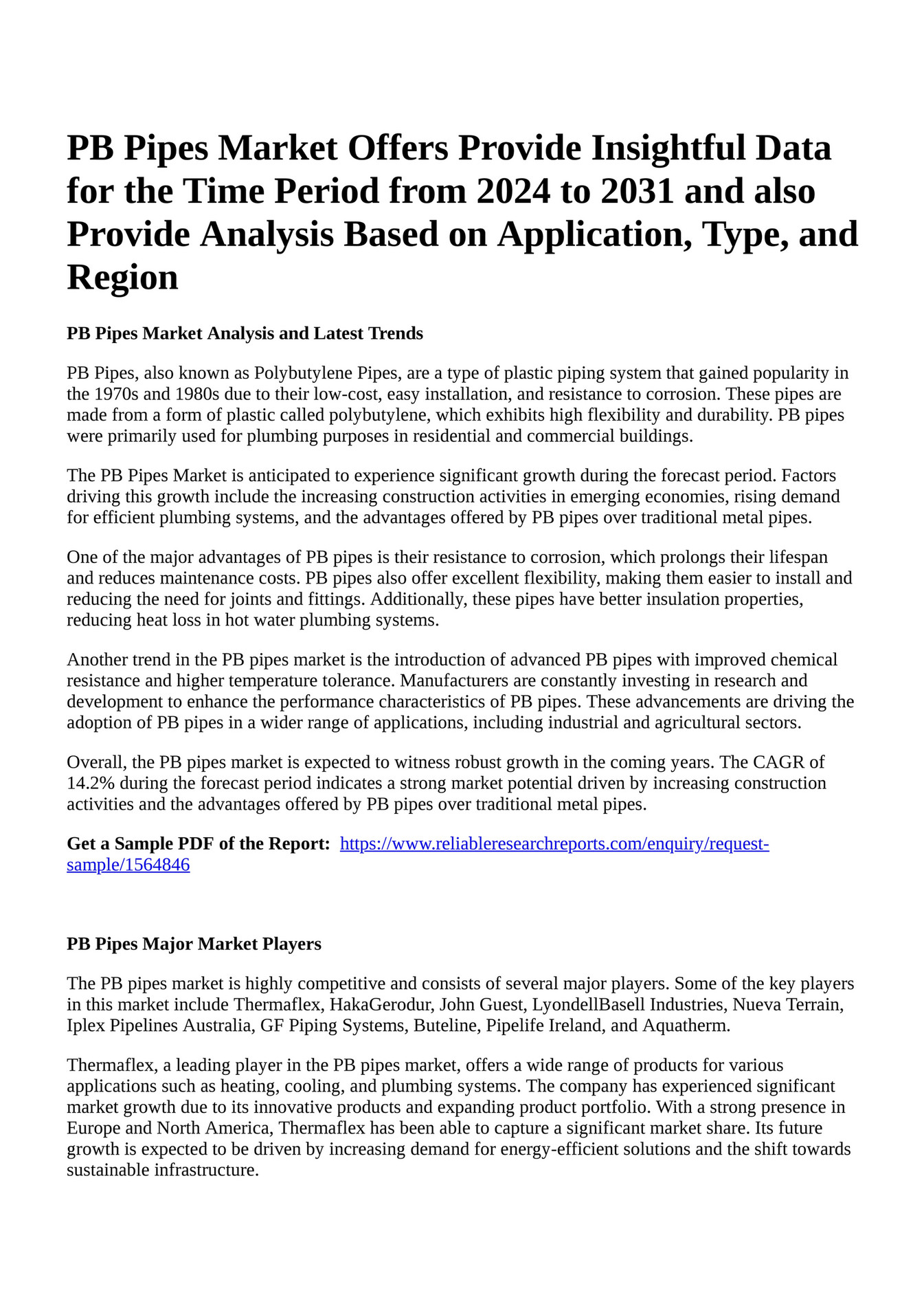 Reportprime - PB Pipes Market Offers Provide Insightful Data for the ...