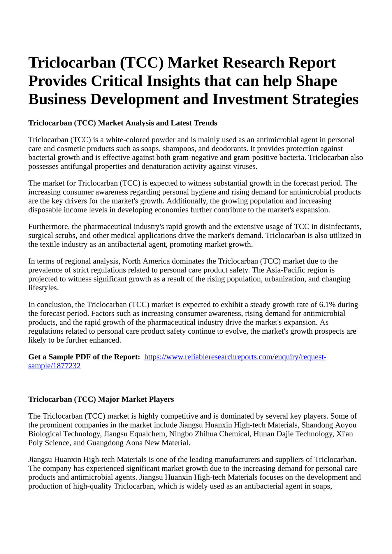 Reportprime - Triclocarban (TCC) Market Research Report Provides Critical Insights that can help ...