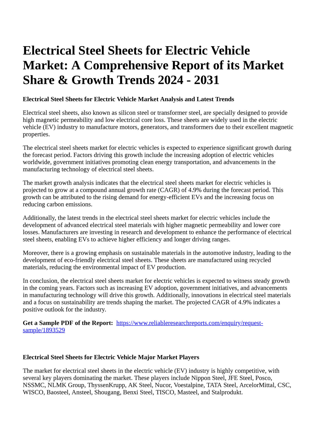 Reportprime - Electrical Steel Sheets for Electric Vehicle Market: A ...