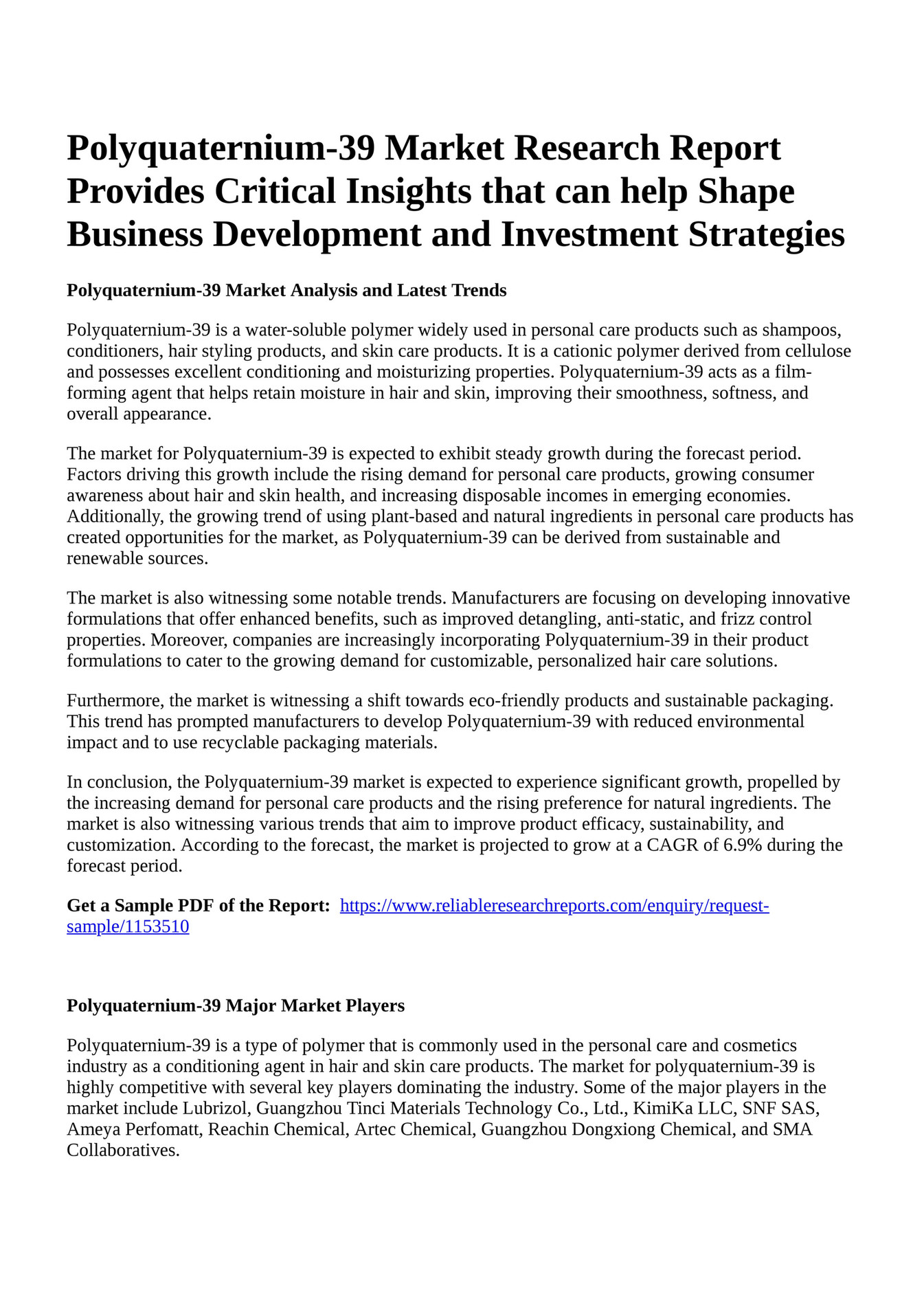 Reportprime - Polyquaternium-39 Market Research Report Provides ...