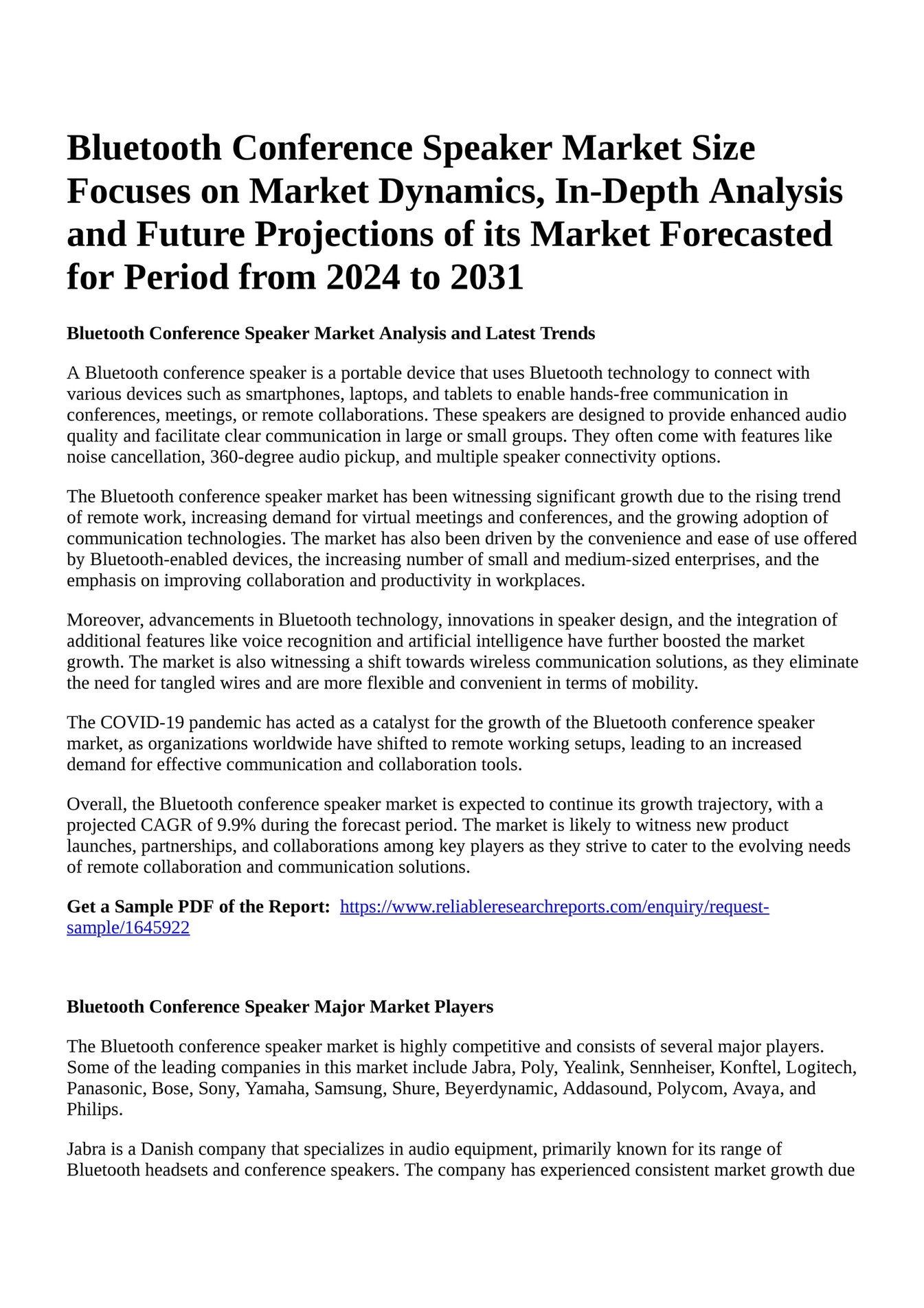 Reportprime - Bluetooth Conference Speaker Market Size Focuses on ... Reportprime - Bluetooth Conference Speaker Market Size Focuses on ...