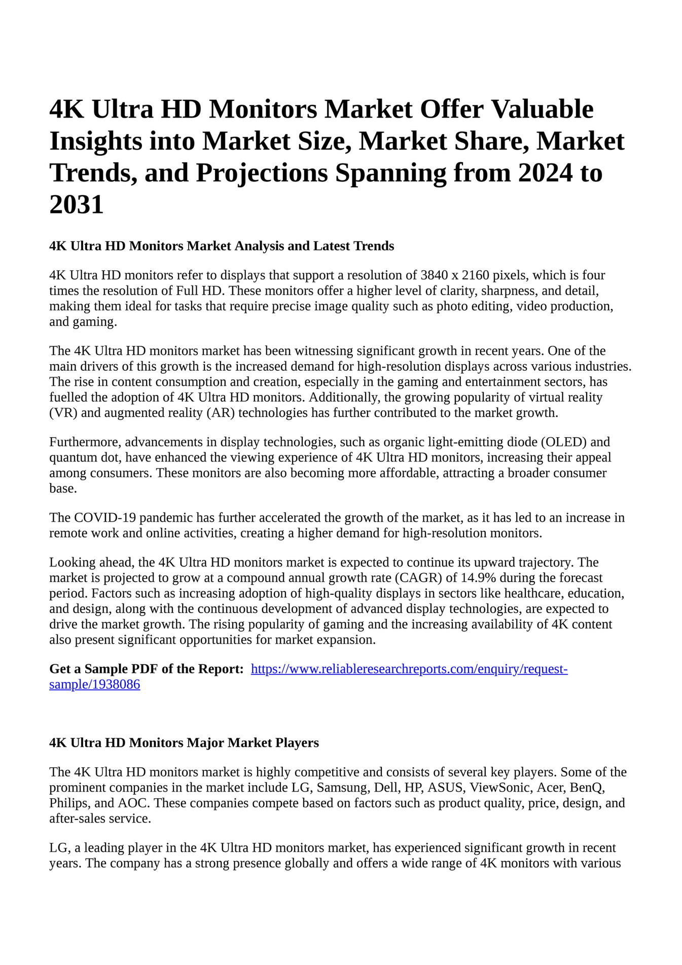 Reportprime - 4K Ultra HD Monitors Market Offer Valuable Insights into ...