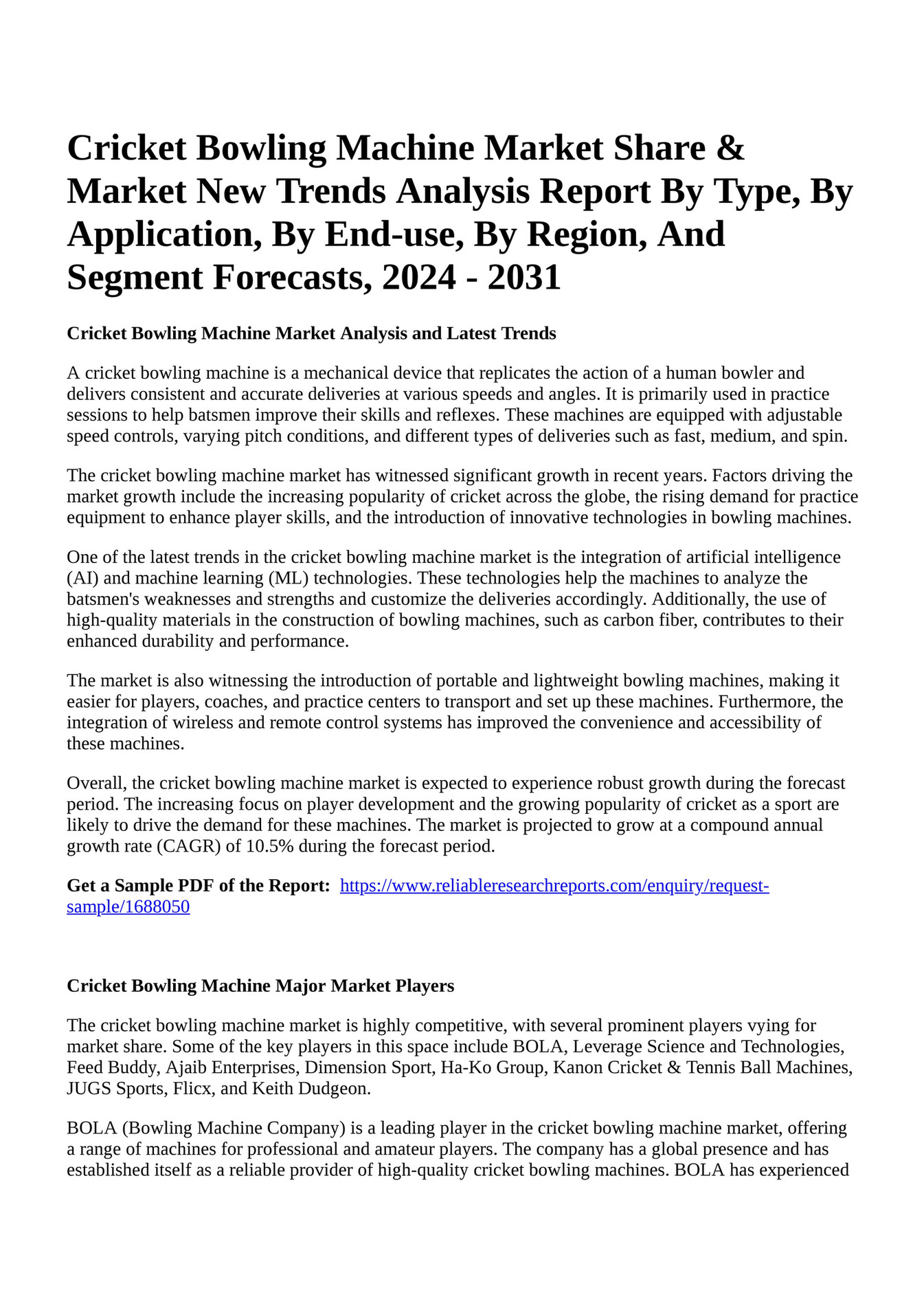 Reportprime - Cricket Bowling Machine Market Share & Market New Trends ...