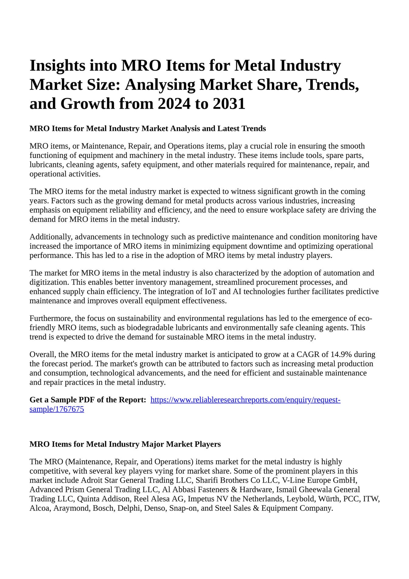 Reportprime - Insights into MRO Items for Metal Industry Market Size ...