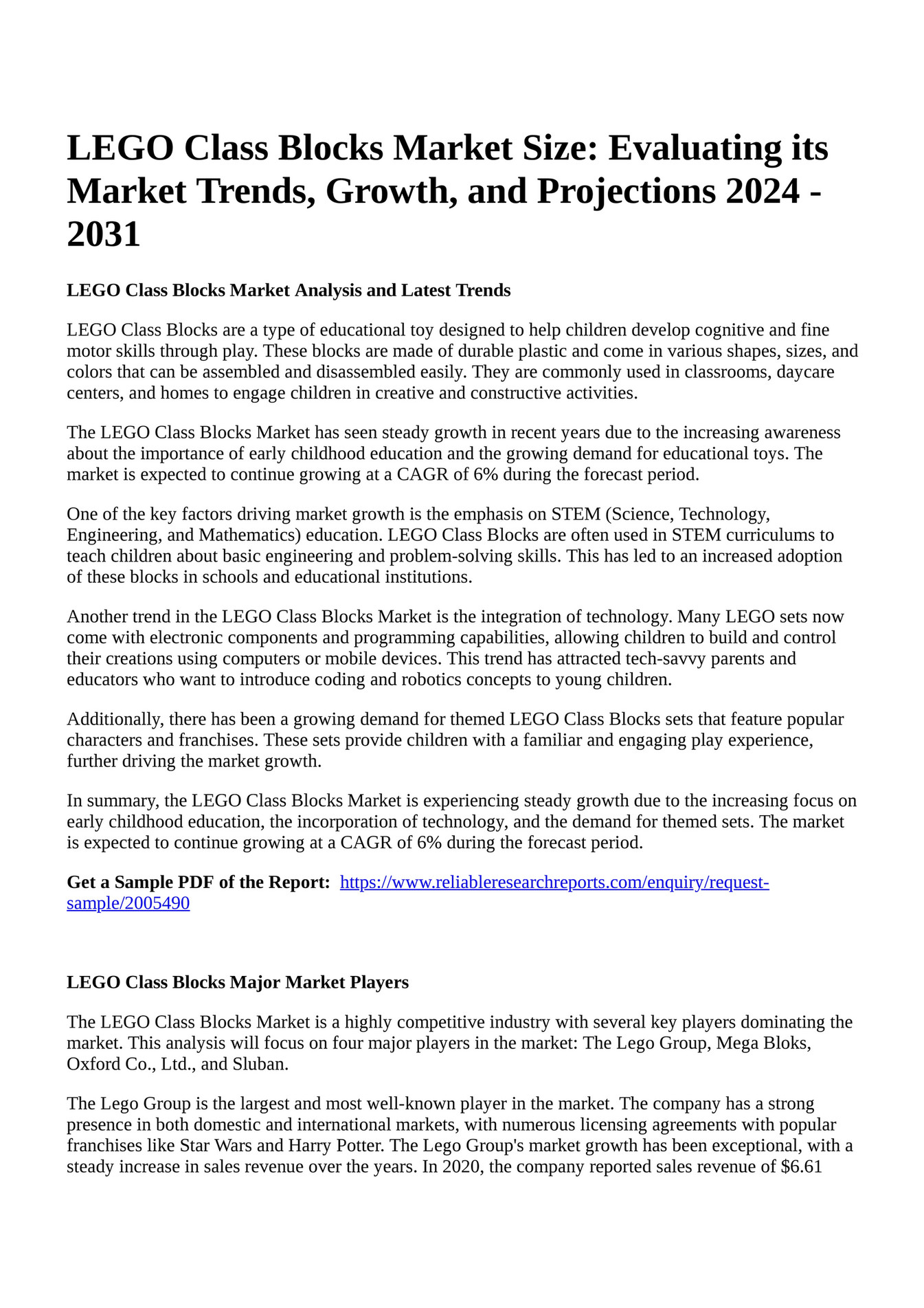 Reportprime - LEGO Class Blocks Market Size: Evaluating its Market Trends, Growth, and ...