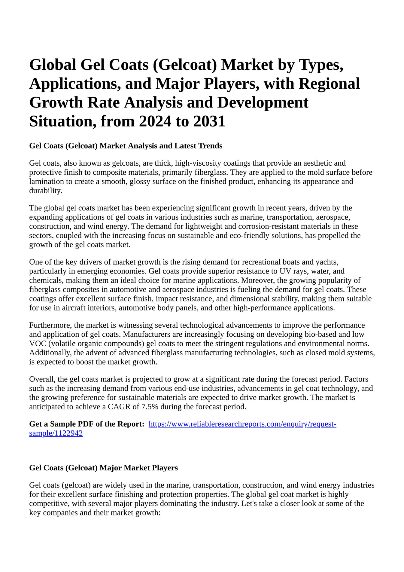 Reportprime - Global Gel Coats (Gelcoat) Market by Types, Applications ...