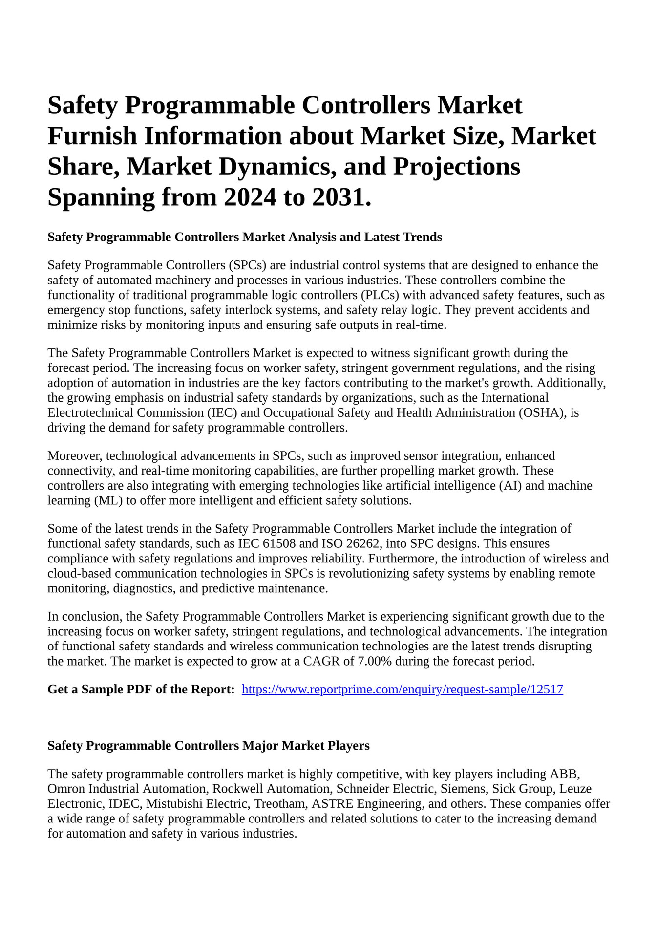 Reportprime - Safety Programmable Controllers Market Furnish Information about Market Size ...