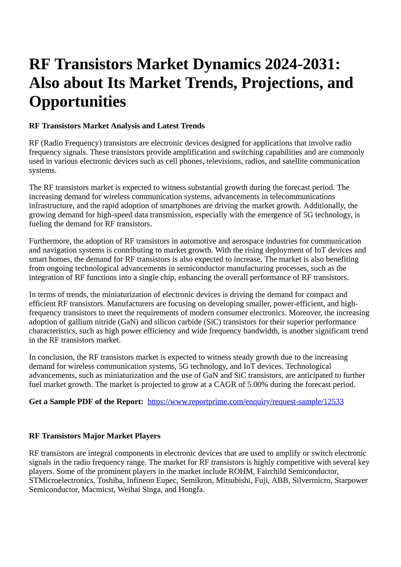 Reportprime - RF Transistors Market Dynamics 2024-2031: Also about Its ...