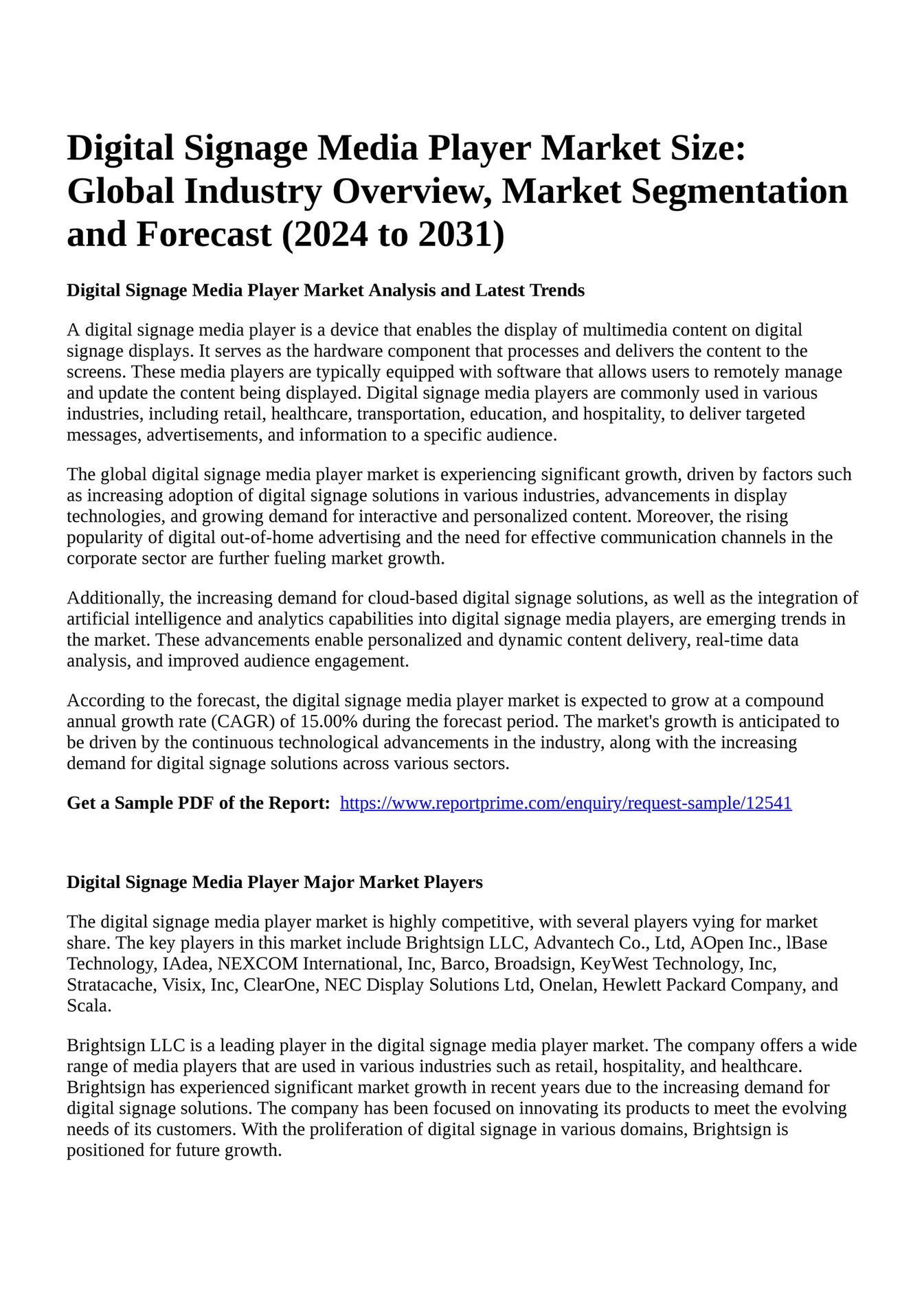Reportprime - Digital Signage Media Player Market Size: Global Industry ...