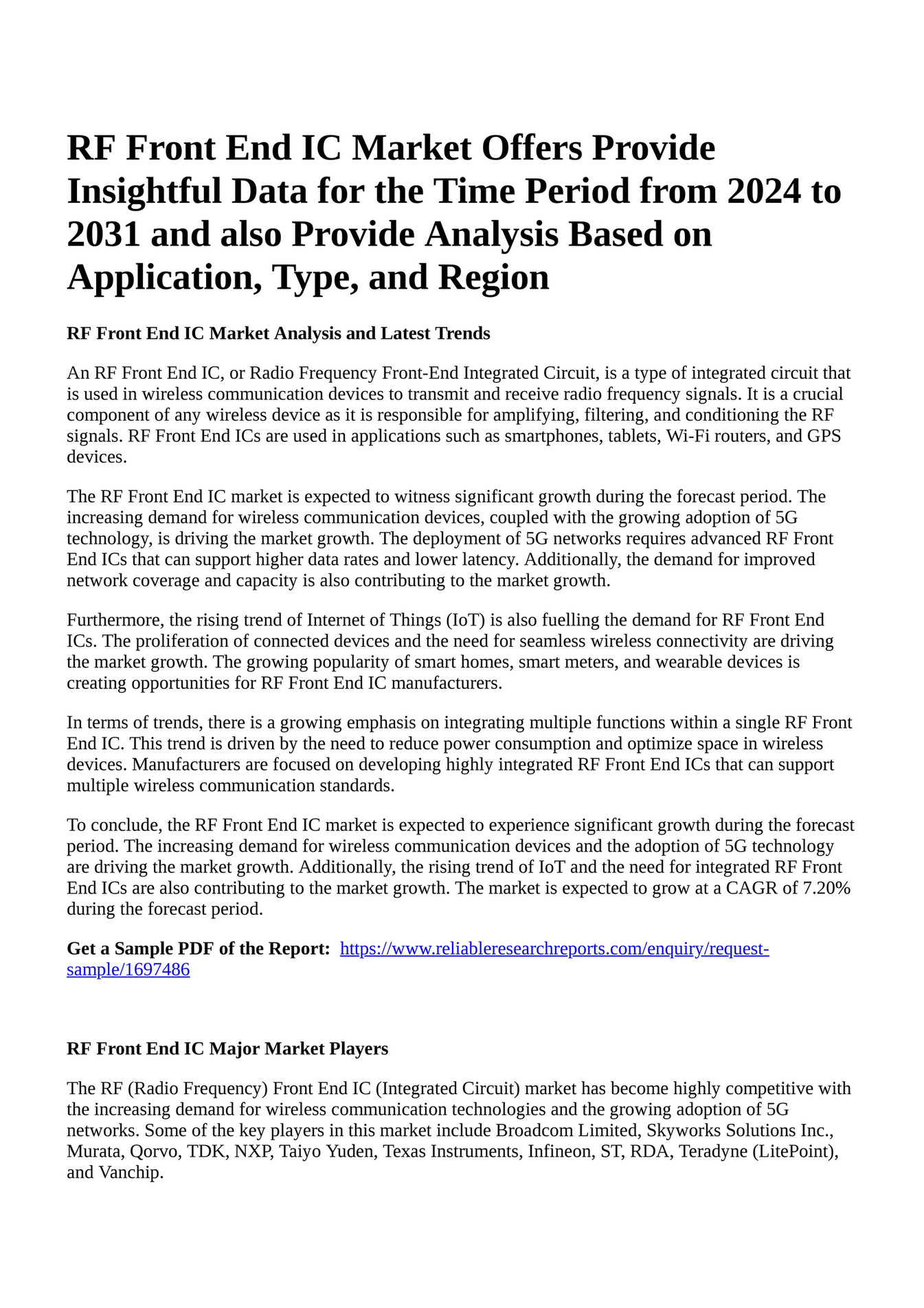 Reportprime - RF Front End IC Market Offers Provide Insightful Data for ...