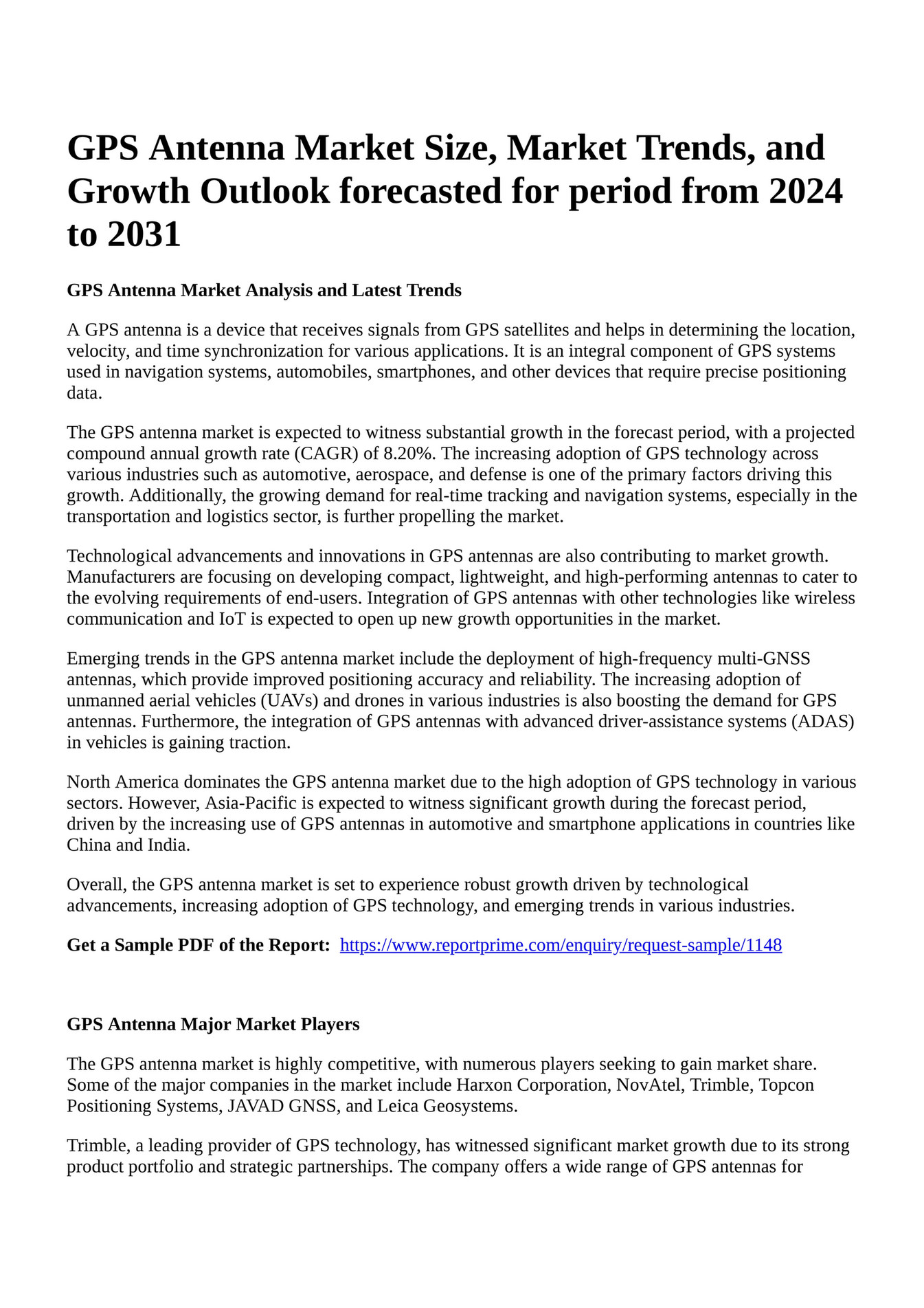 Reportprime - GPS Antenna Market Size, Market Trends, and Growth Outlook forecasted for period ...