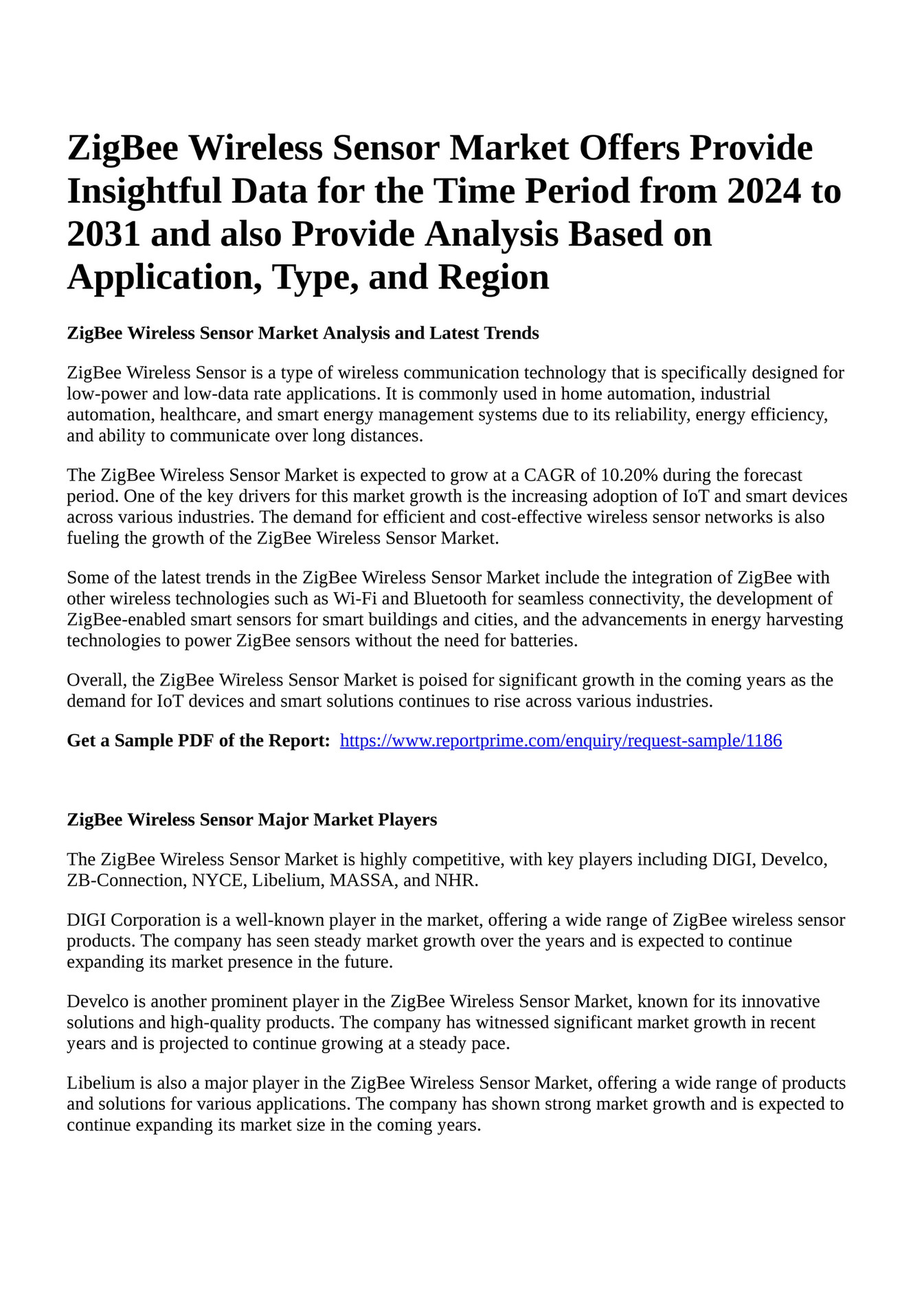 Reportprime Zigbee Wireless Sensor Market Offers Provide Insightful Data For The Time Period