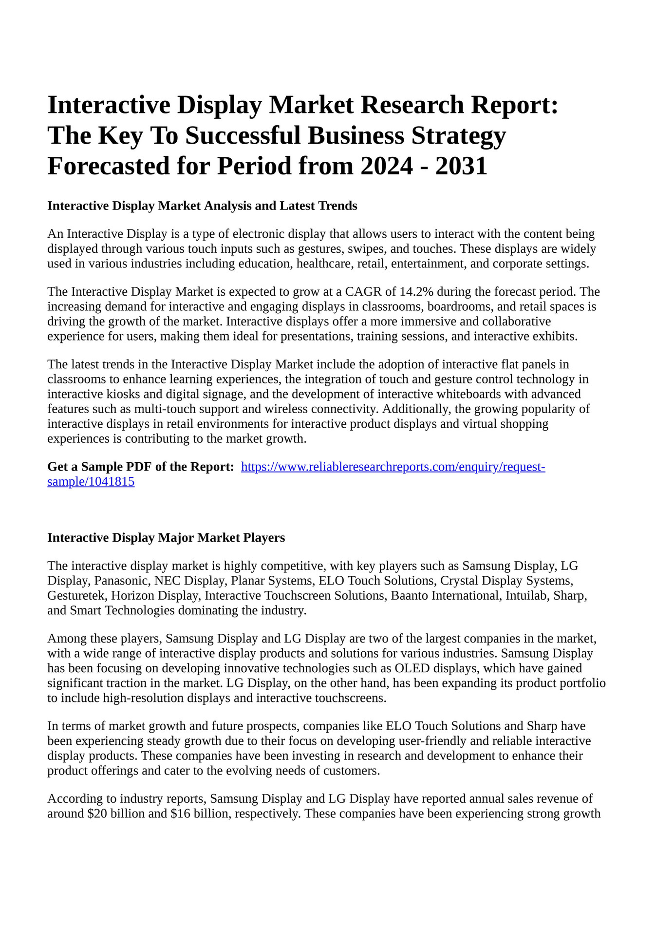 Reportprime - Interactive Display Market Research Report: The Key To ...