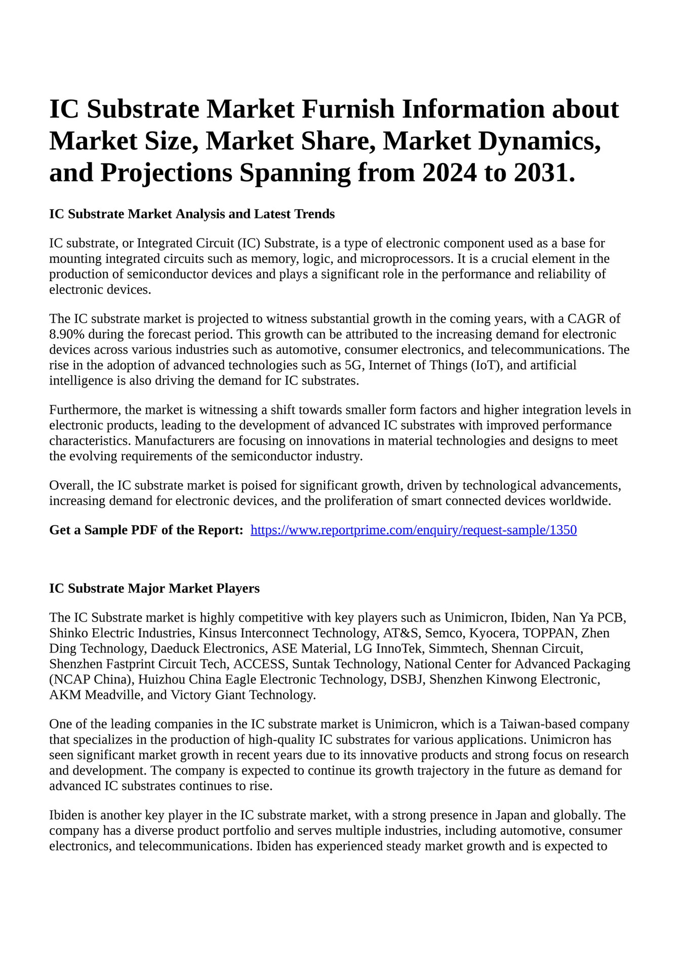 Reportprime - IC Substrate Market Furnish Information about Market Size ...