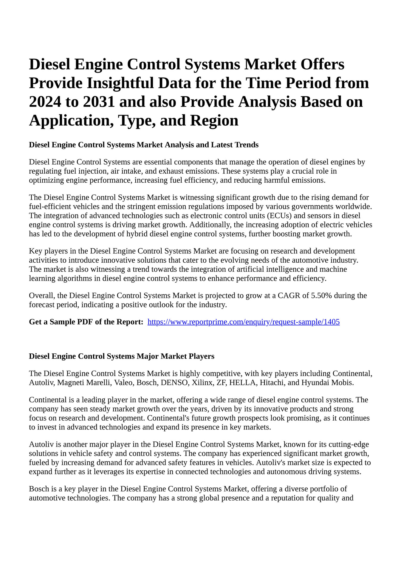 Reportprime - Diesel Engine Control Systems Market Offers Provide ...