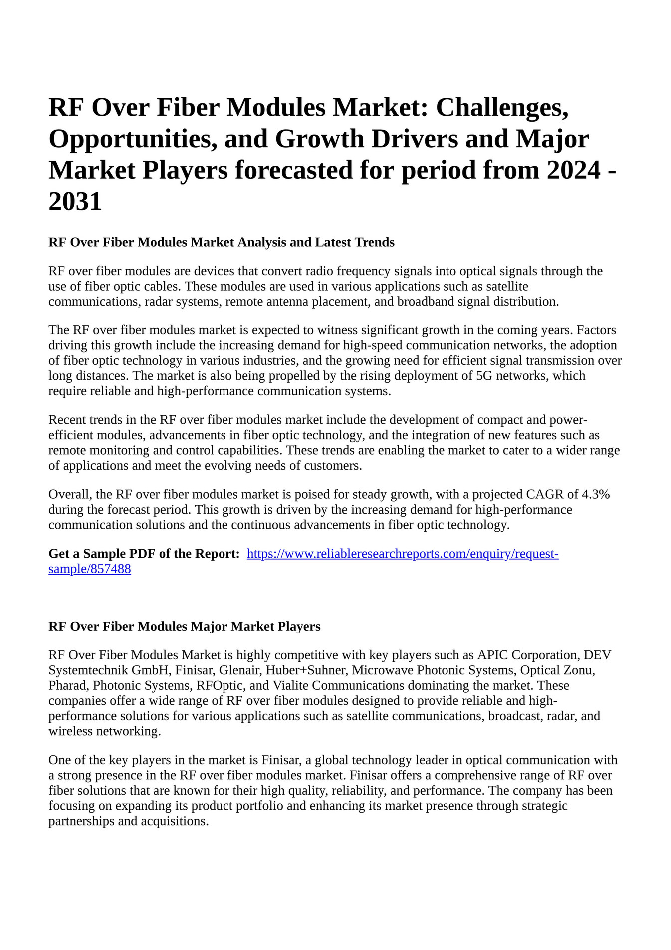 Reportprime - RF Over Fiber Modules Market: Challenges, Opportunities ...