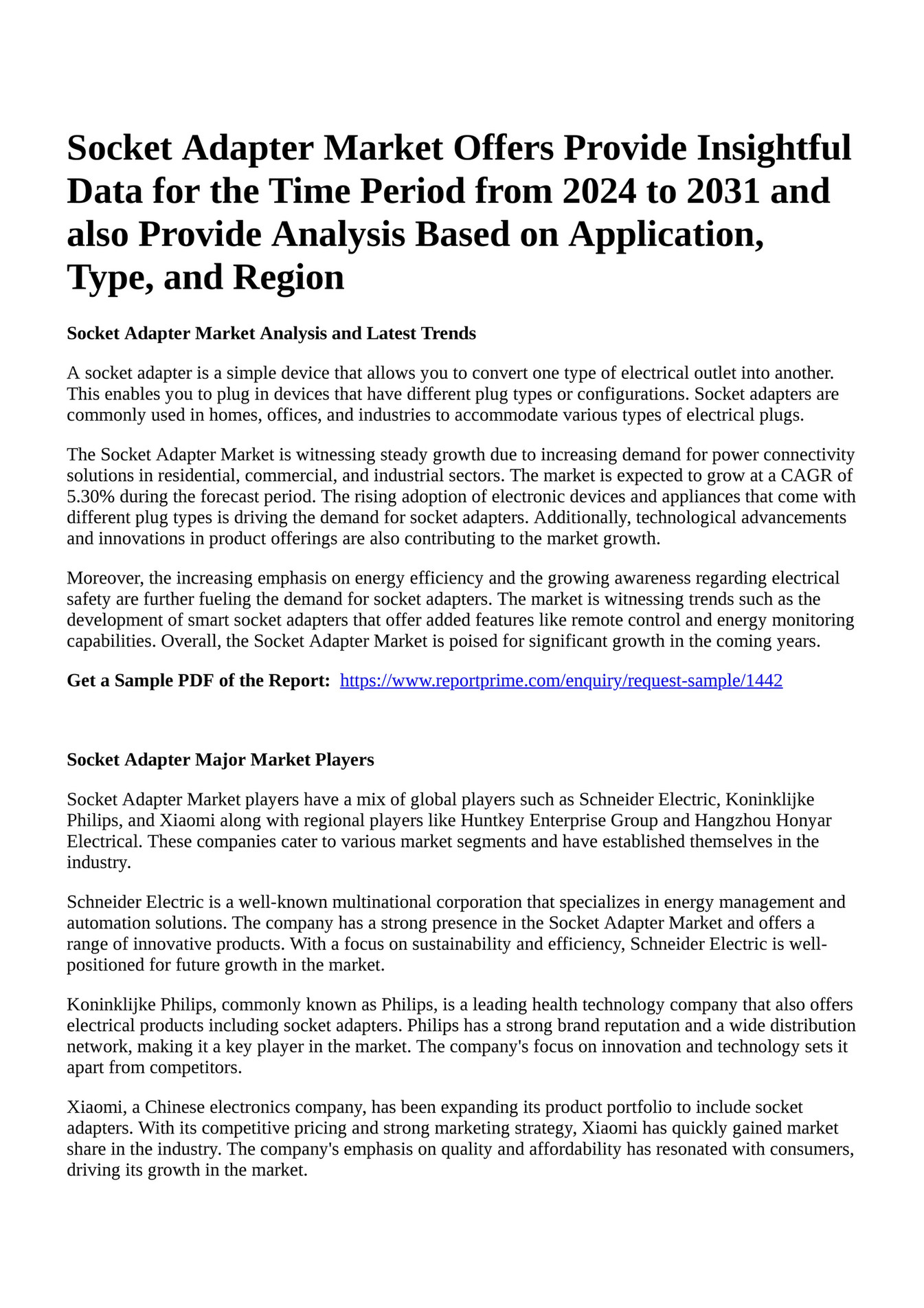 Reportprime - Socket Adapter Market Offers Provide Insightful Data for ...