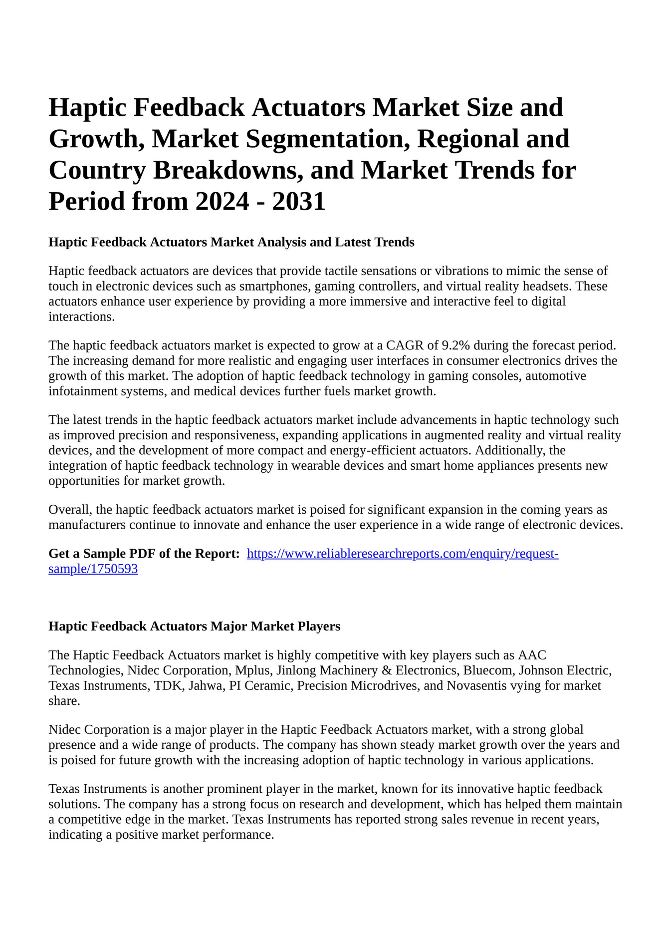 Reportprime Haptic Feedback Actuators Market Size And Growth Market