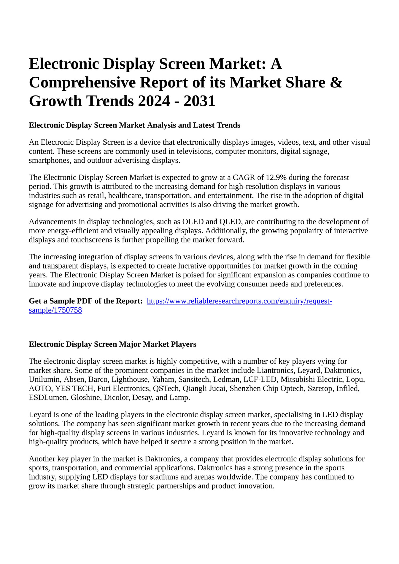 Reportprime - Electronic Display Screen Market: A Comprehensive Report ...