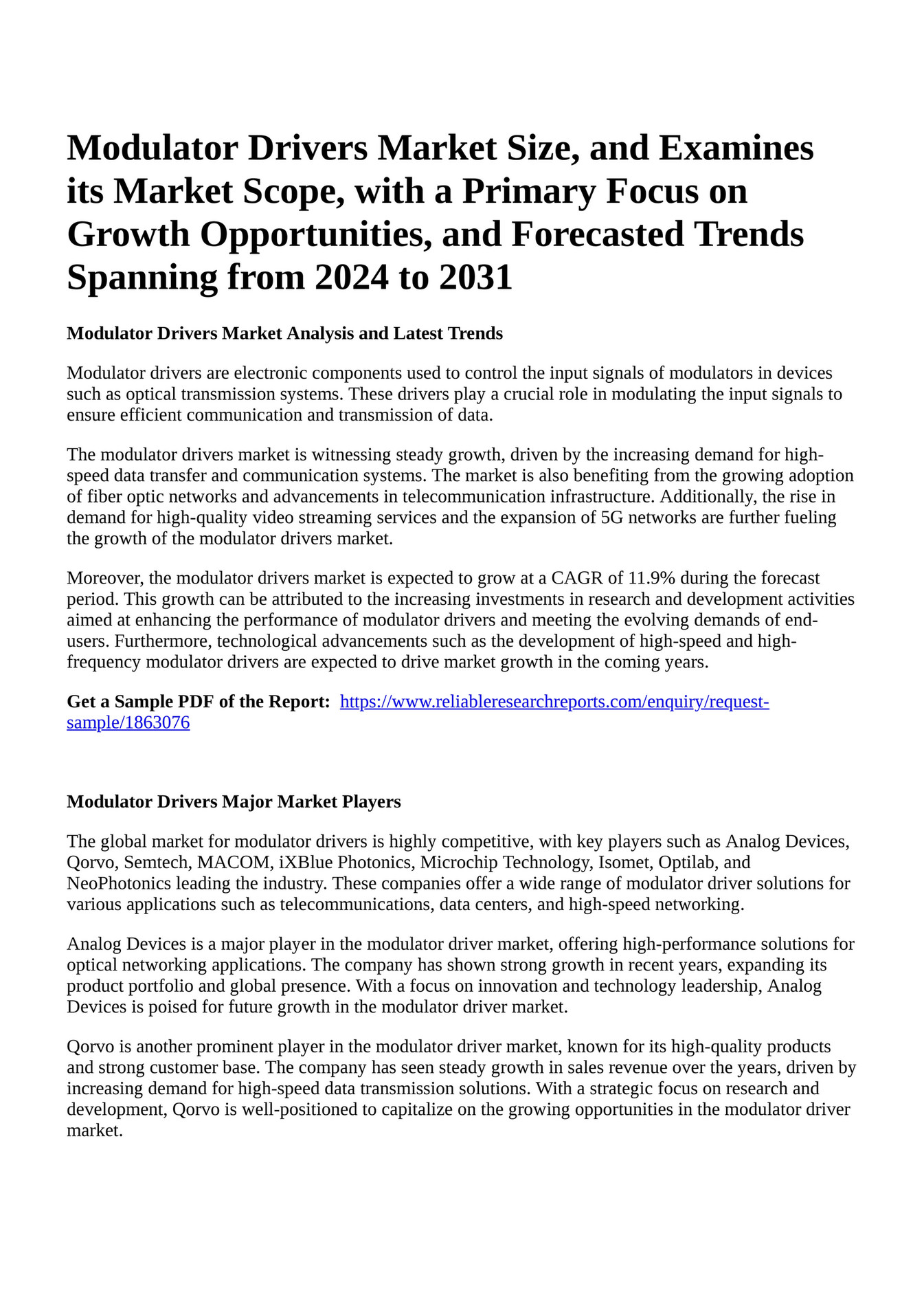 Reportprime - Modulator Drivers Market Size, and Examines its Market ... Reportprime - Modulator Drivers Market Size, and Examines its Market ...