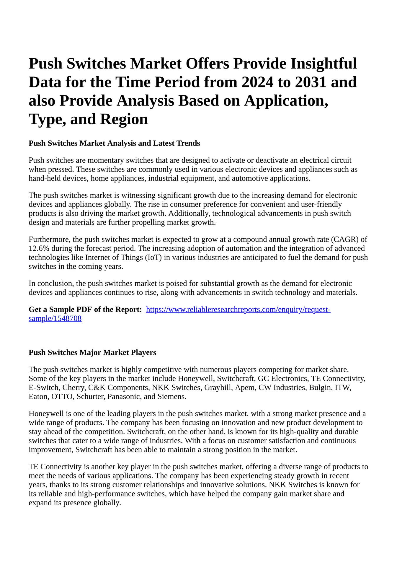 Reportprime - Push Switches Market Offers Provide Insightful Data for ... Reportprime - Push Switches Market Offers Provide Insightful Data for ...